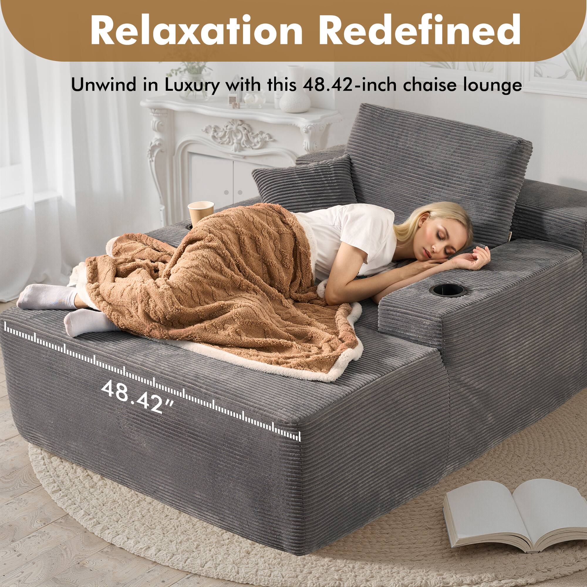 Ovios 67'' Fluffy Chaise Lounge Chair, Sofa Bed with Cup Holders ...