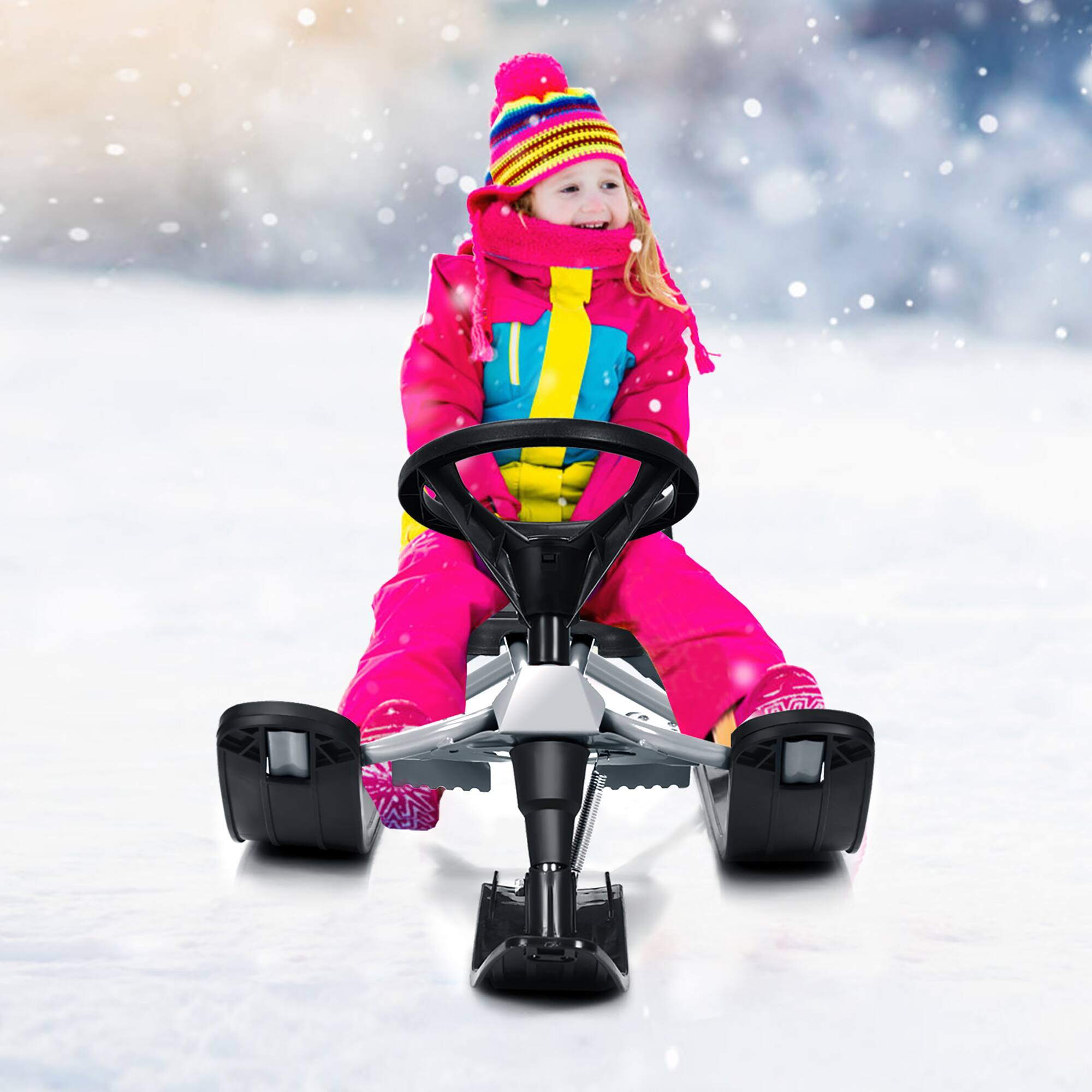 Costway Kids Snow Racer Sled w/ Steering Wheel & Double Brakes Pull ...