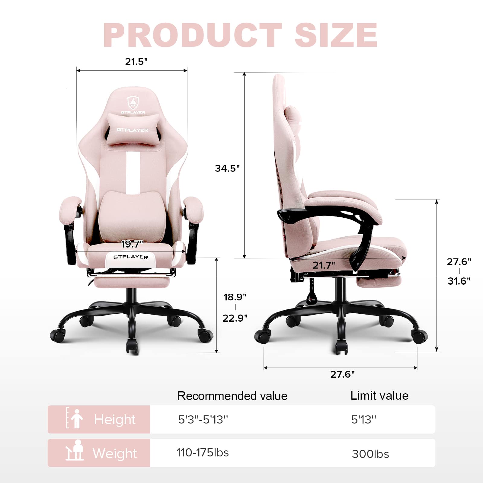GTPLAYER GT905 Adjustable Gaming Chair with Breathable Fabric Pink