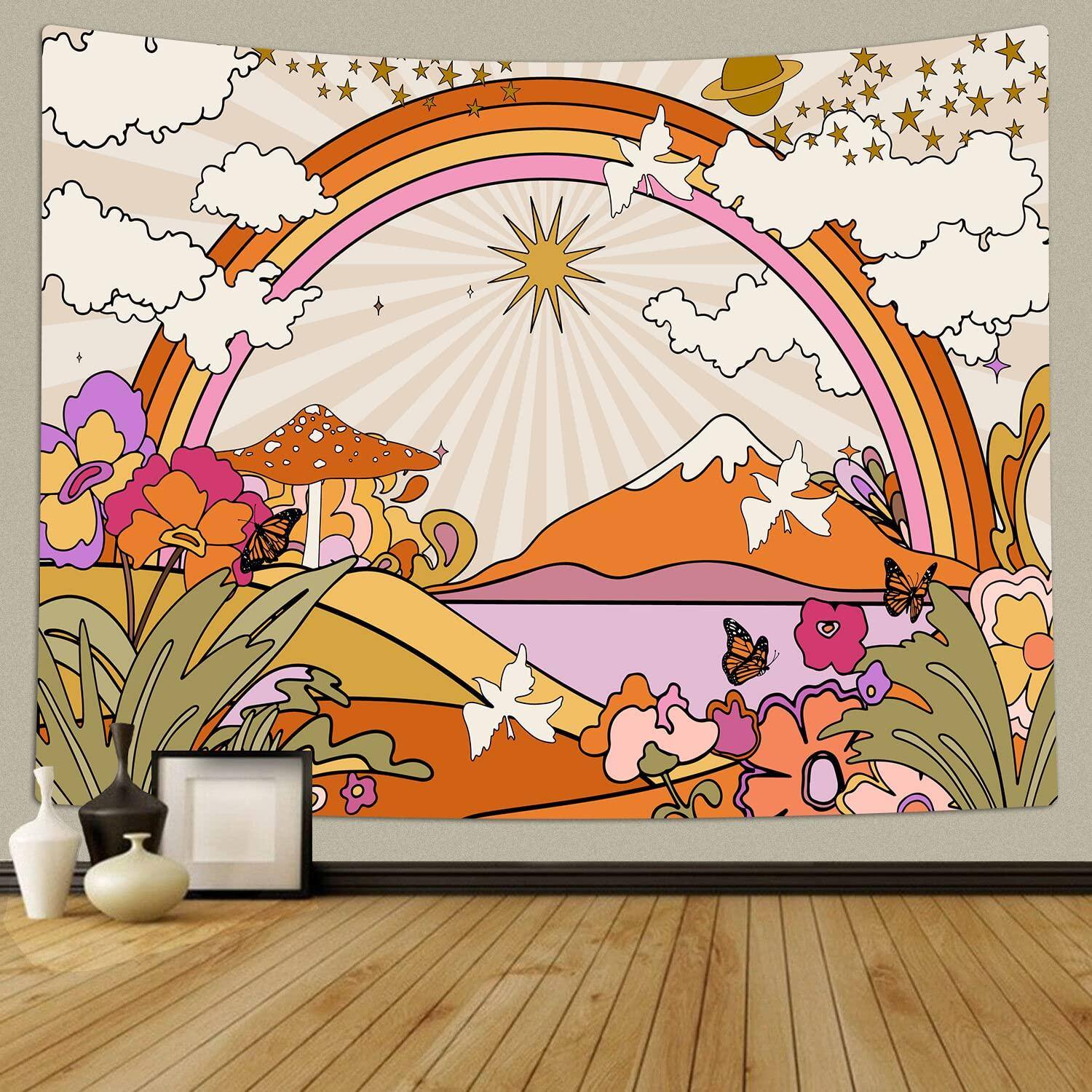 Dapper Styles Vintage 70s 60s Groovy Tapestry Retro Flowers Clouds Sun ...