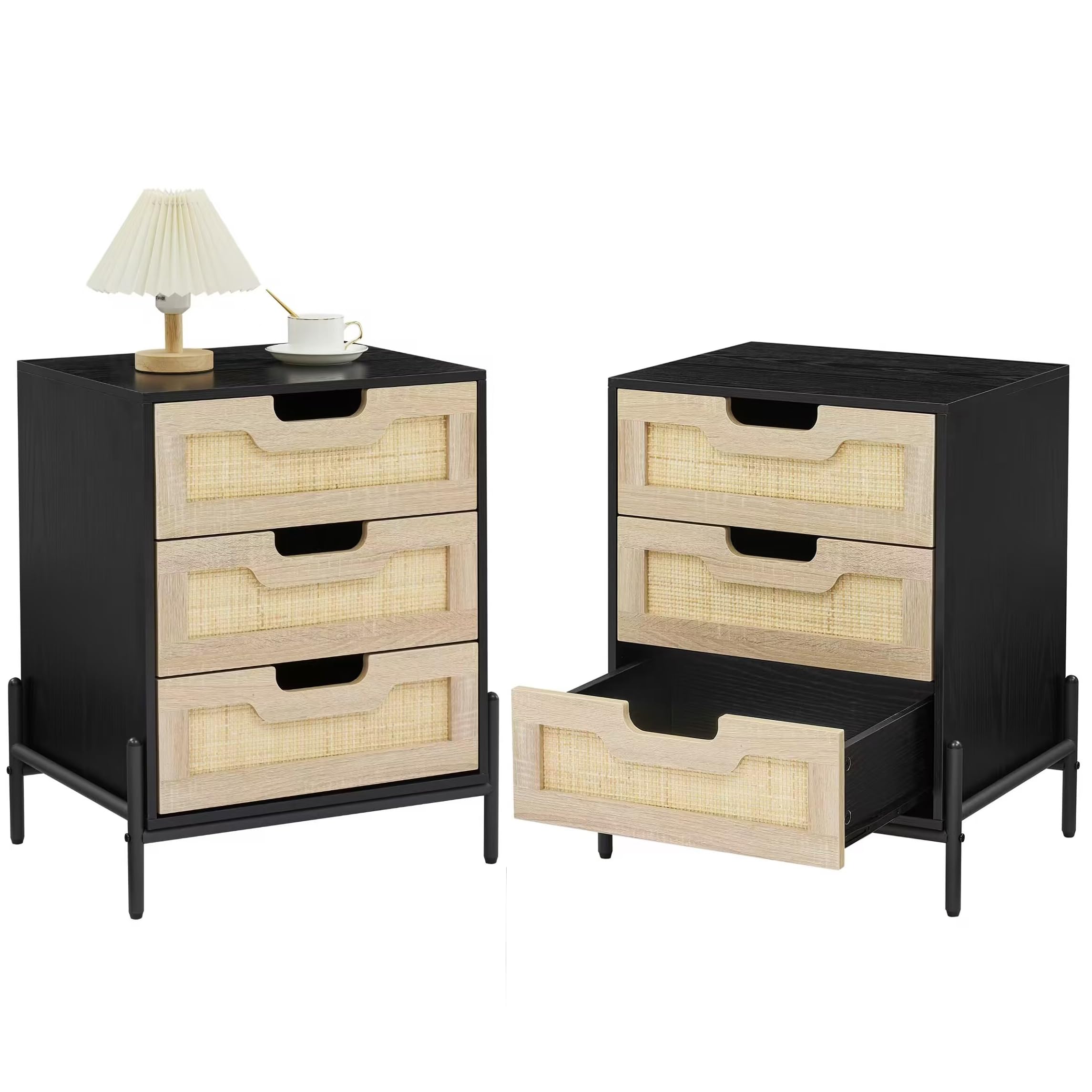 Babevy 2 Pack Rattan Nightstand – Modern Bedside Table with 3 Natural ...