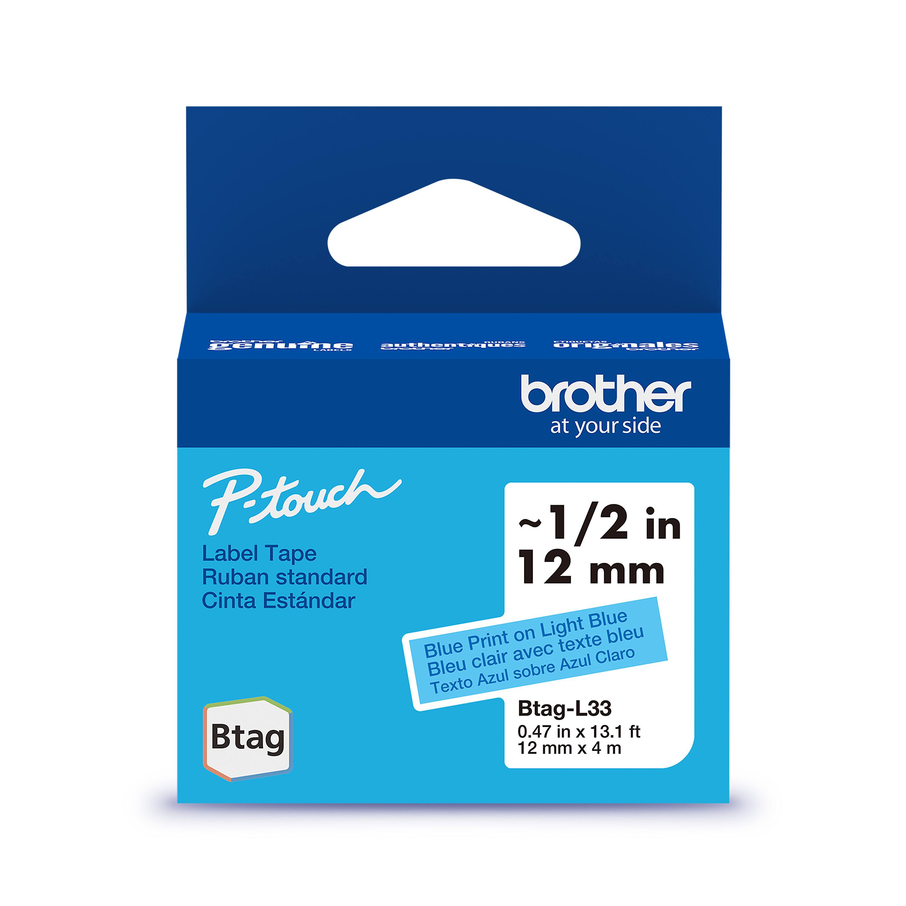 Brother P touch Btag BTAGL33 Blue on Light Blue Label Tape, 1/2" x 13.1' (12mm x 4m) BTAG-L33 ...