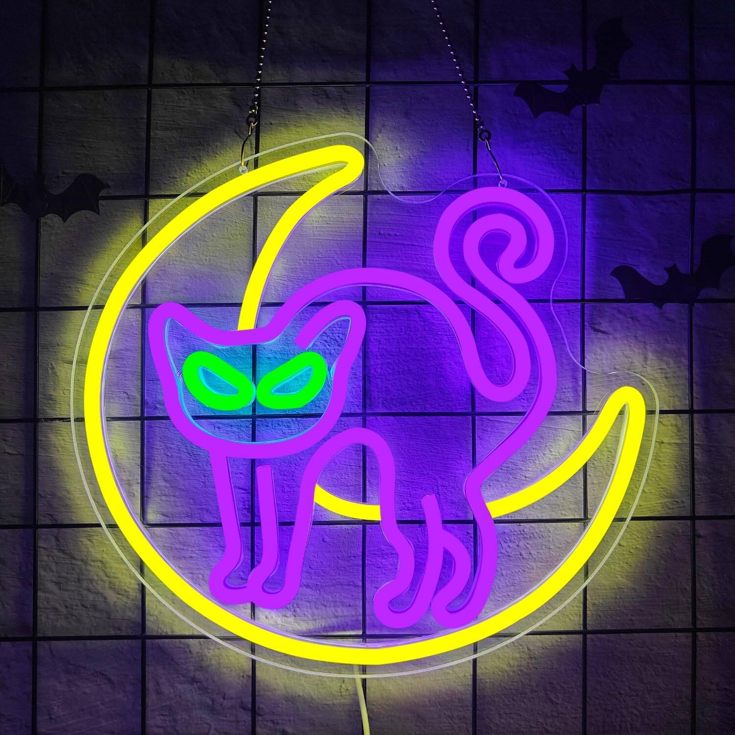 Auledio Black Cat Neon Lights Halloween Neon Sign Scary Glowing Moon ...