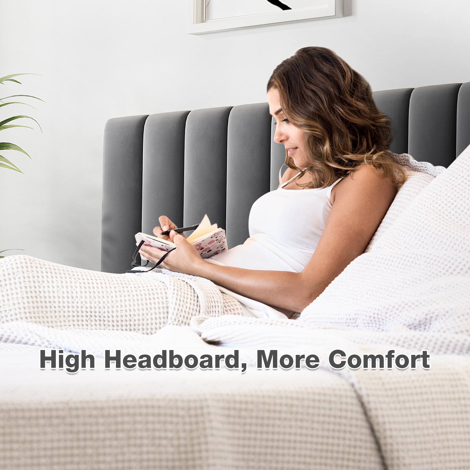 Jojoka Queen Size Bed Frame with Adjustable High Velvet Headboard, Wood ...