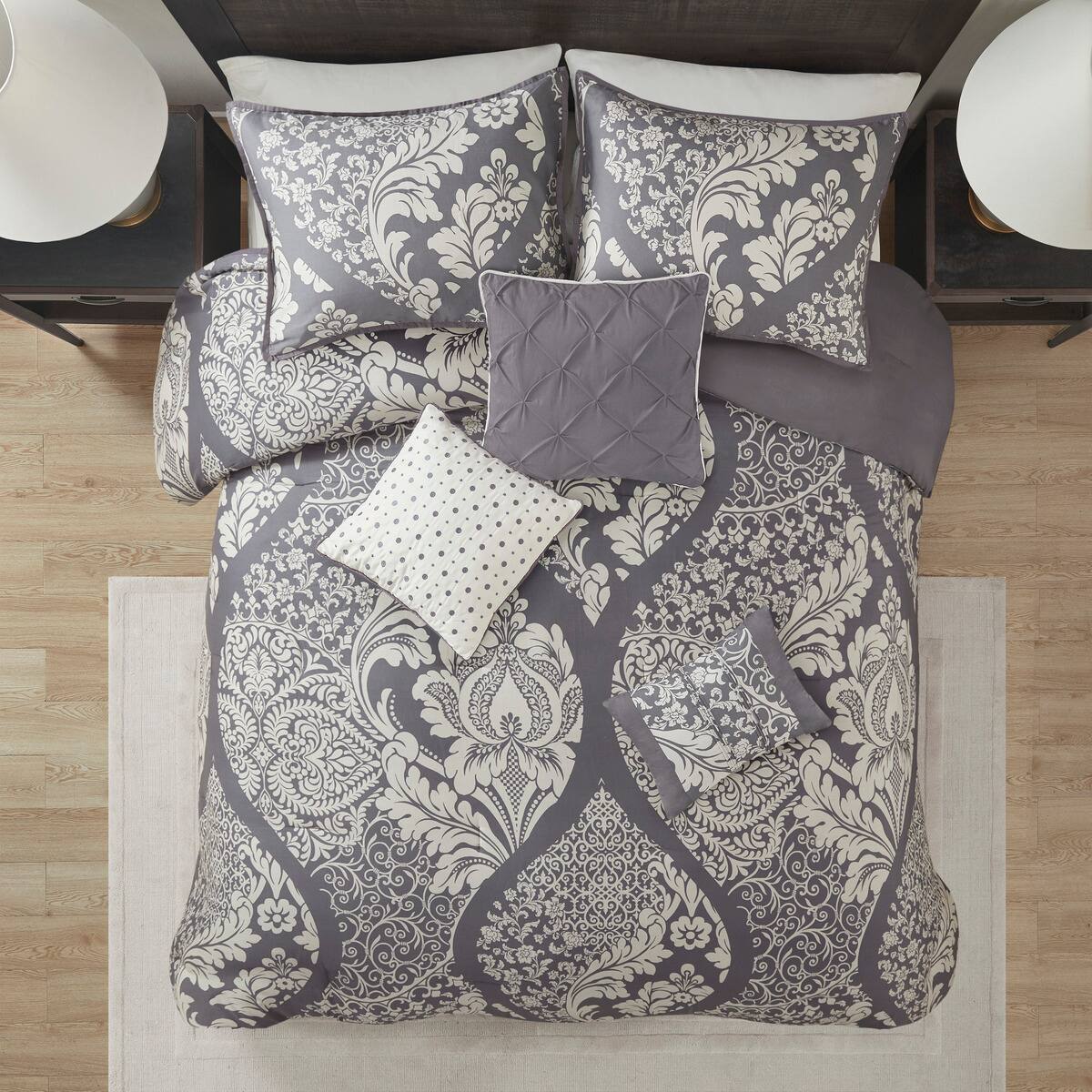 TinyHomie 7 Piece Cotton Printed Comforter Set Grey Queen Gray SF-J ...