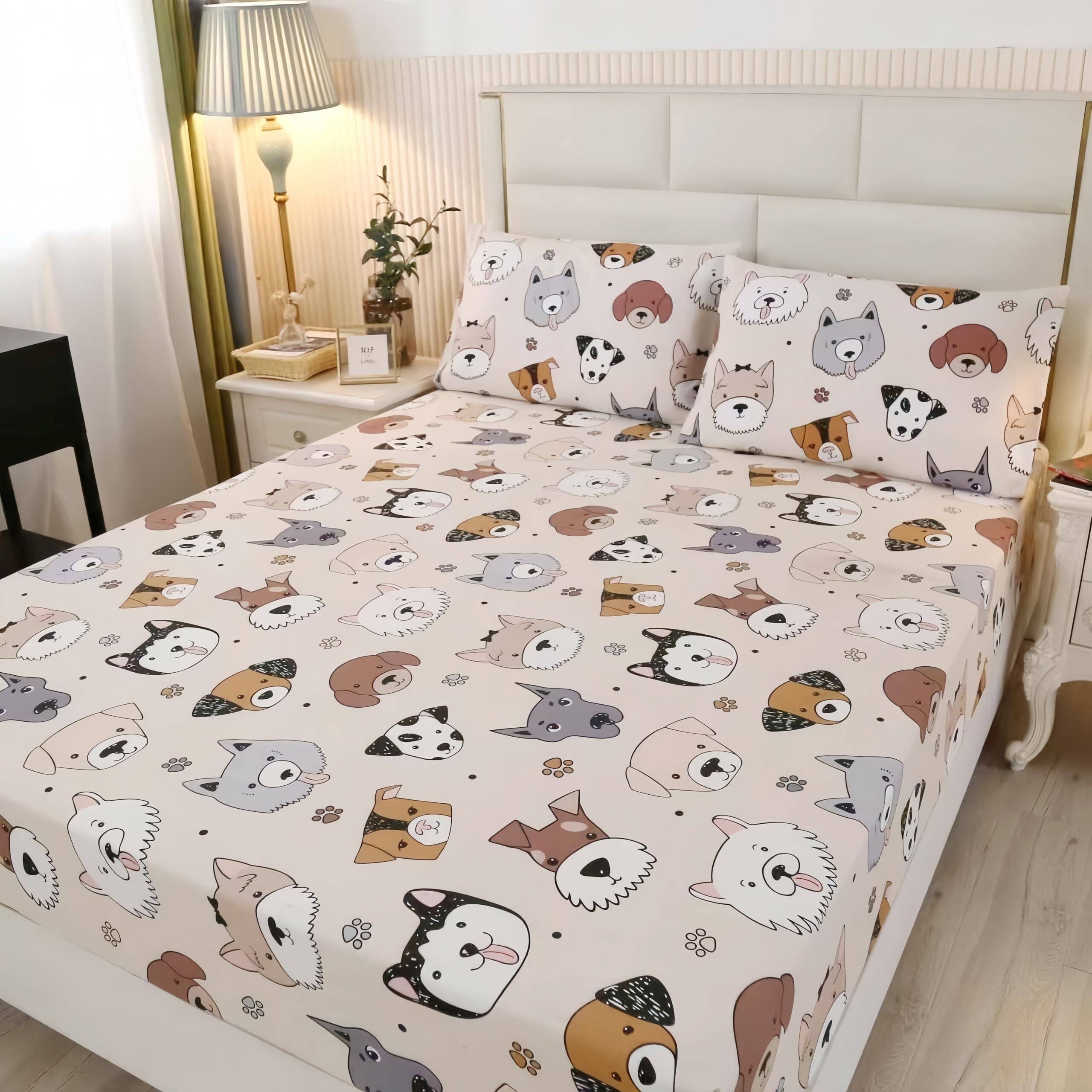 Dapper Styles Dog Fitted Sheet Doggy Print Pattern Bedding Full With ...