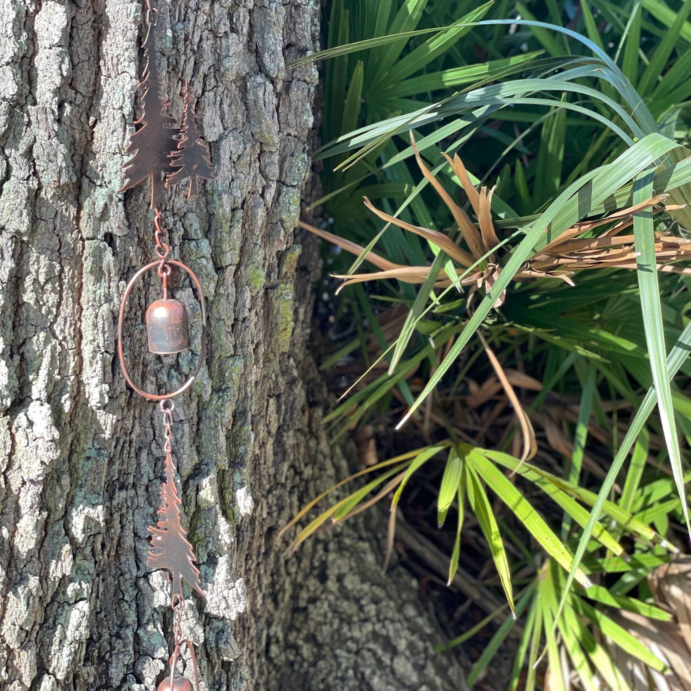 Things2Die4 70" Metal Rain Chain Forest Trees & Zen Bells, Aged Bronze ...