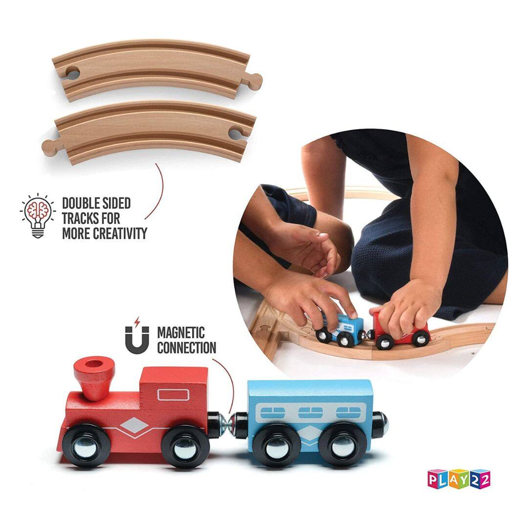 Play22 Wooden Train Tracks 52 PCS Wooden Train Set for Kids Plus 2 ...