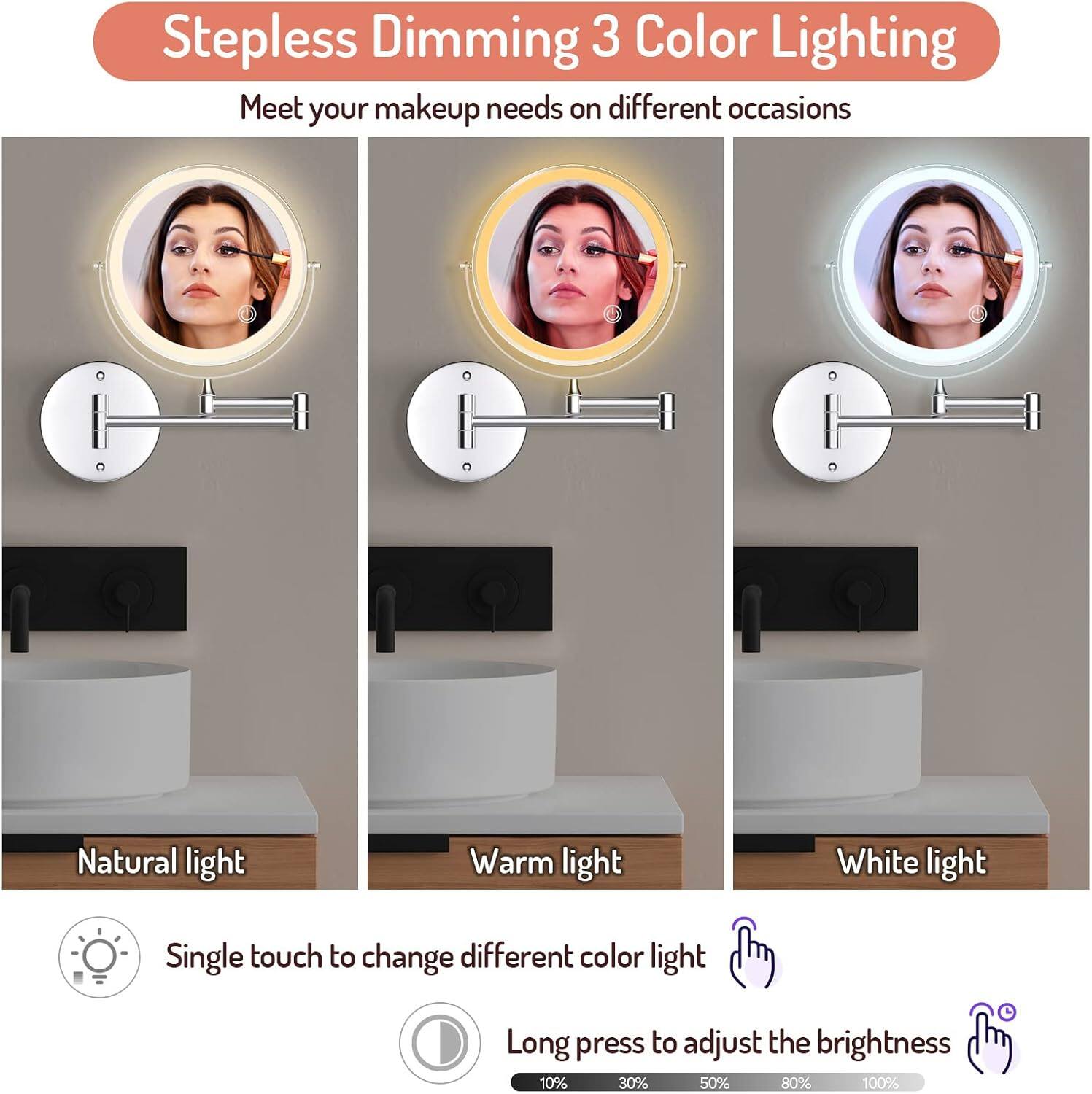 Stamp n Camp Rocollos Rechargeable Wall Mounted Lighted Makeup Mirror ...