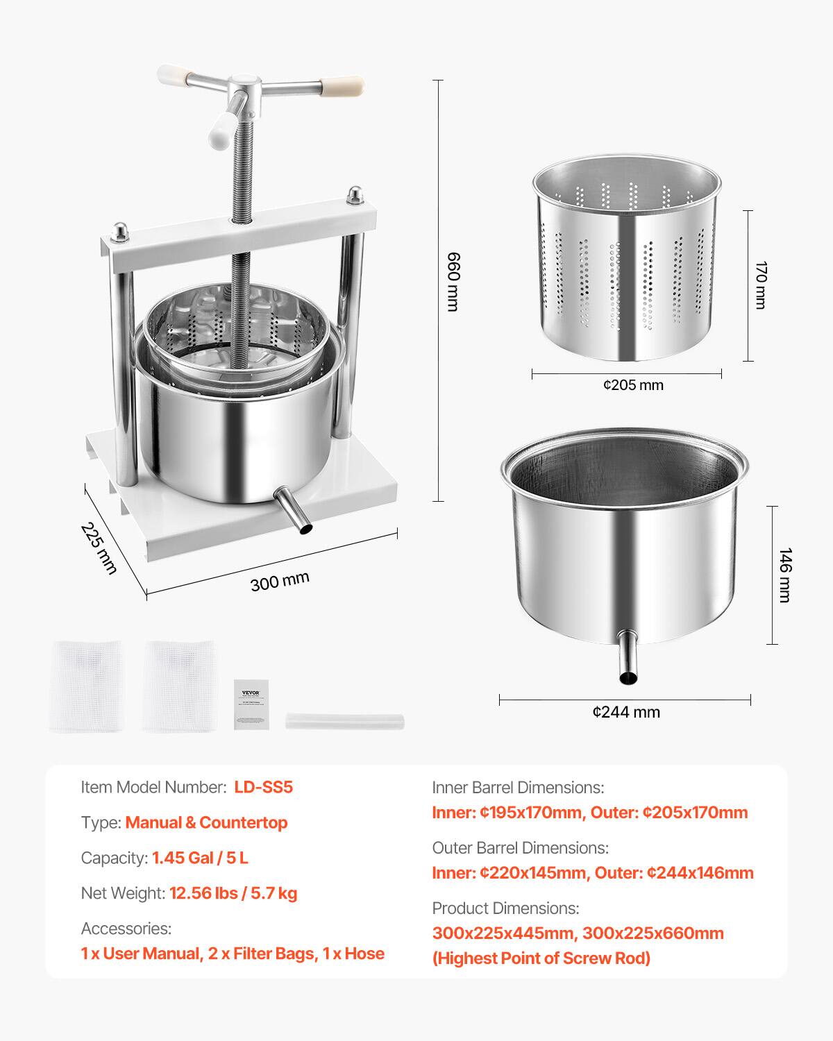 VEVOR 1.45 Gal/5L Fruit Wine Press, 2 Stainless Steel Barrels, Manual ...