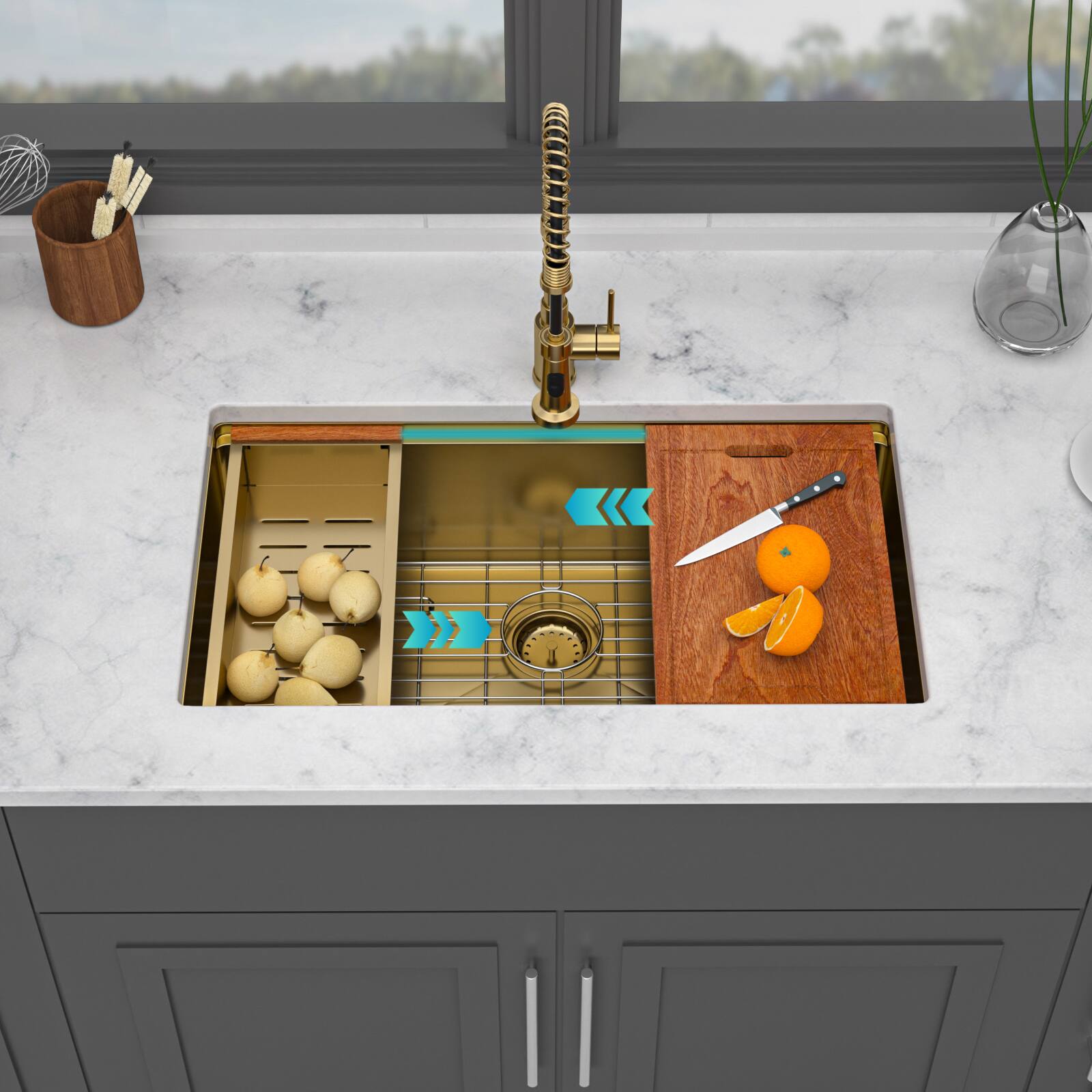 TinyHomie Single Bowl Undermount Workstation Kitchen Sink 33in x 19in x ...