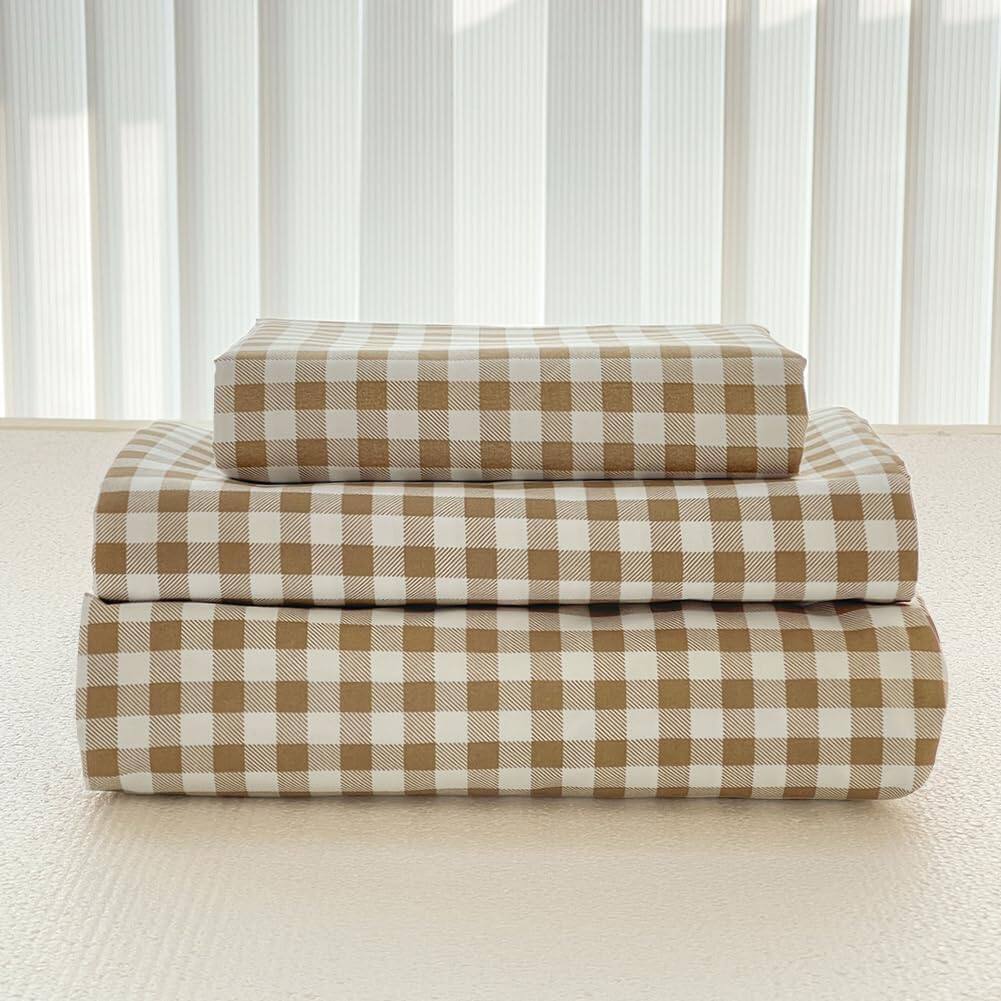 Dapper Styles Tan Gingham Sheet Set Soft Brushed Microfiber Taupe Plaid ...