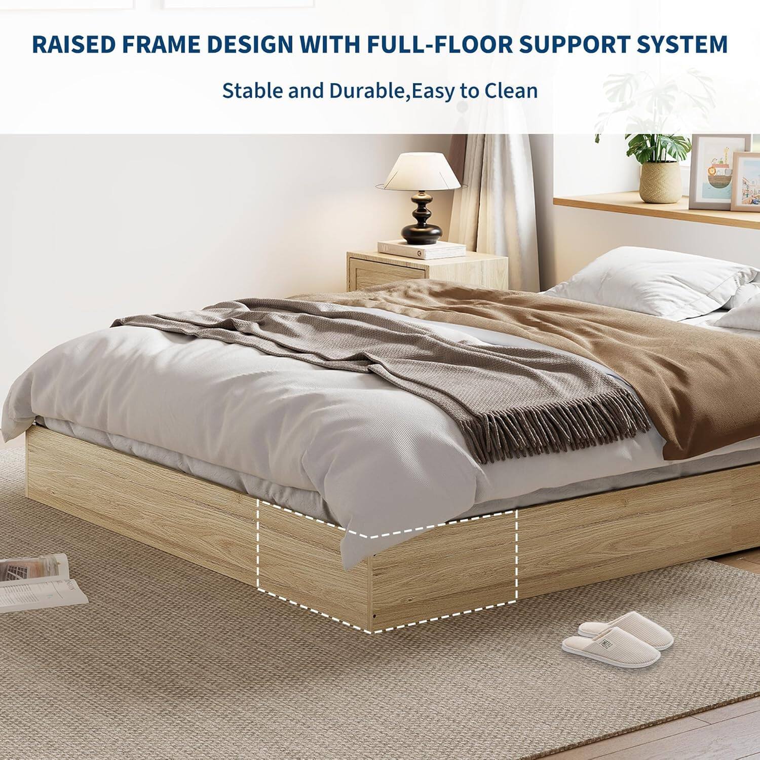 Homhougo Full Floor Standing Bed Frame, Sturdy Wood Slats, Minimalist ...