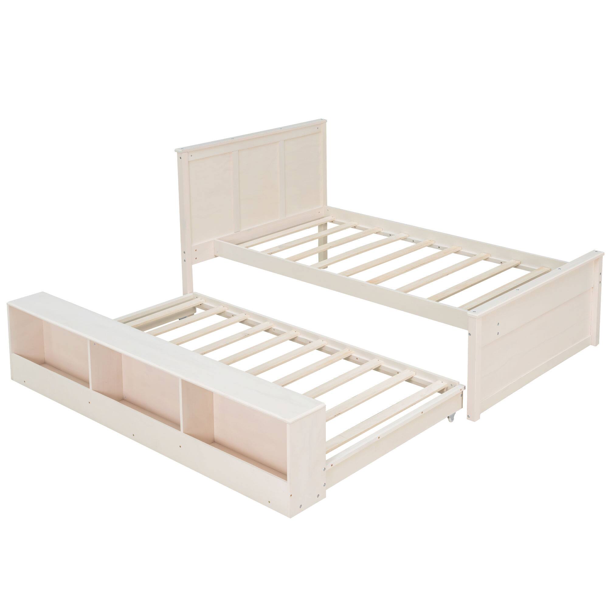 Whisen Wood Platform Bed with Pull Out Trundle and Storage Shelves ...