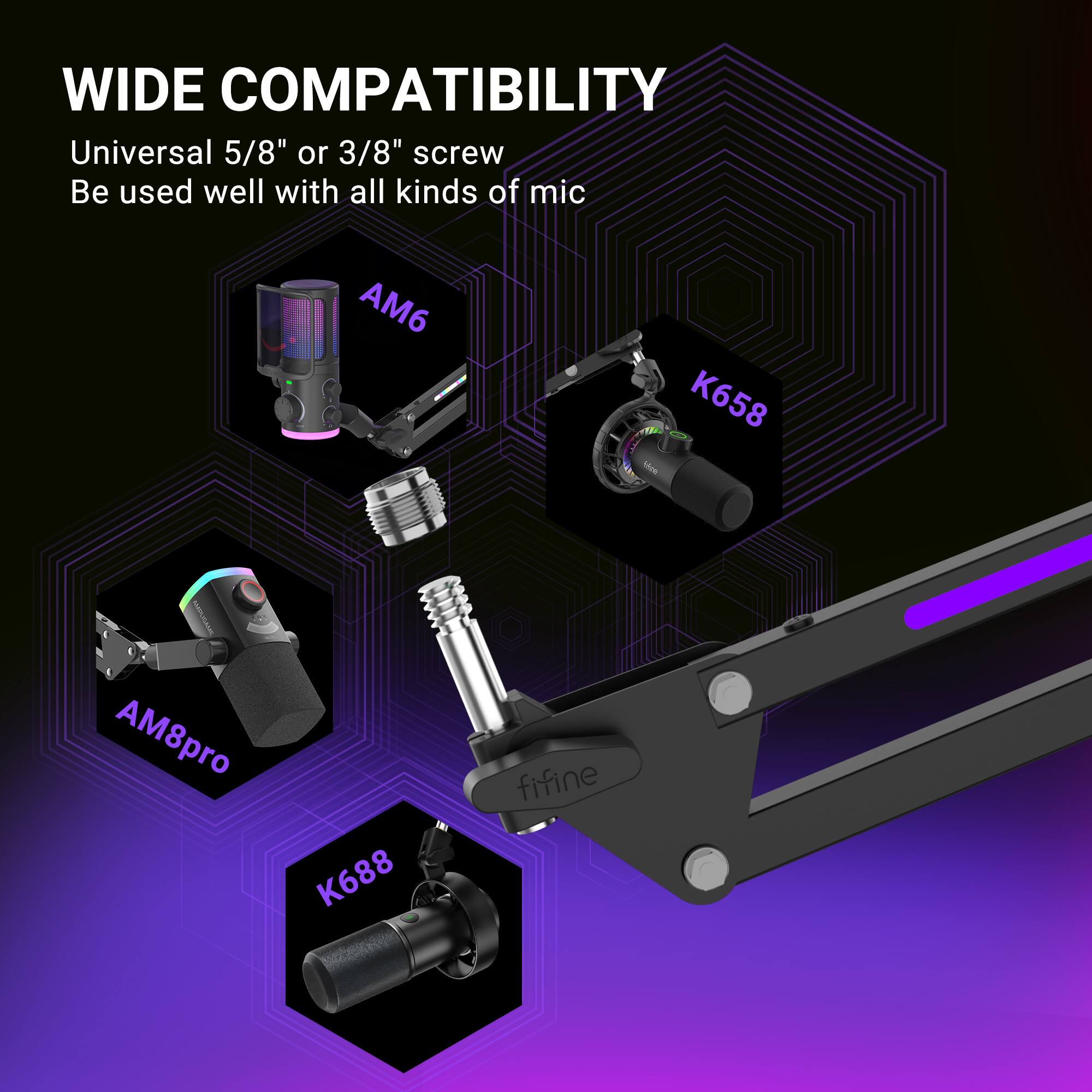 FIFINE Microphone Boom Arm, Metal Adjustable Mic Arm Stand with RGB ...