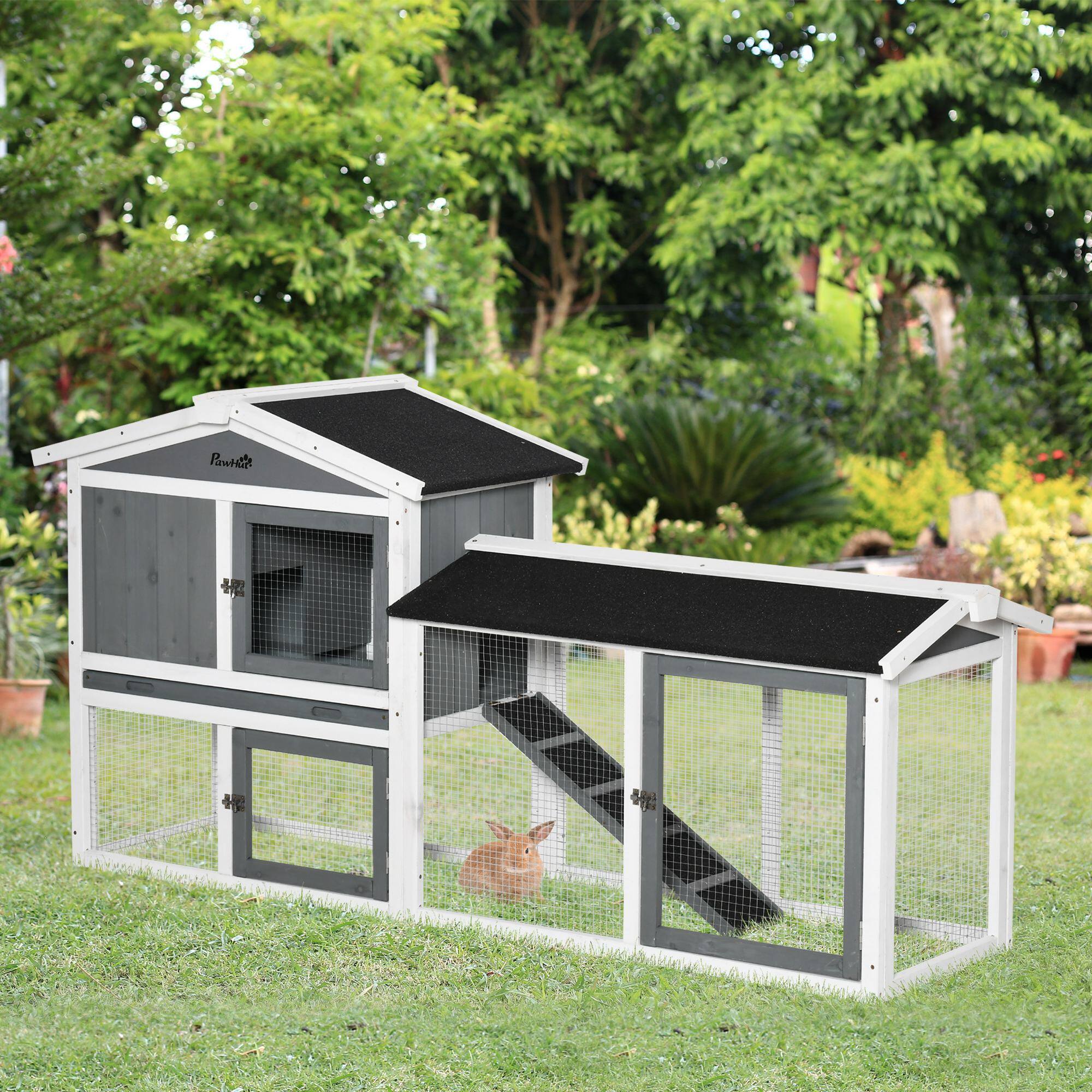 Pawhut 69" Rabbit Hutch, Guinea Pig, Enclosure with Run Area, Removable Tray, Asphalt Roof ...