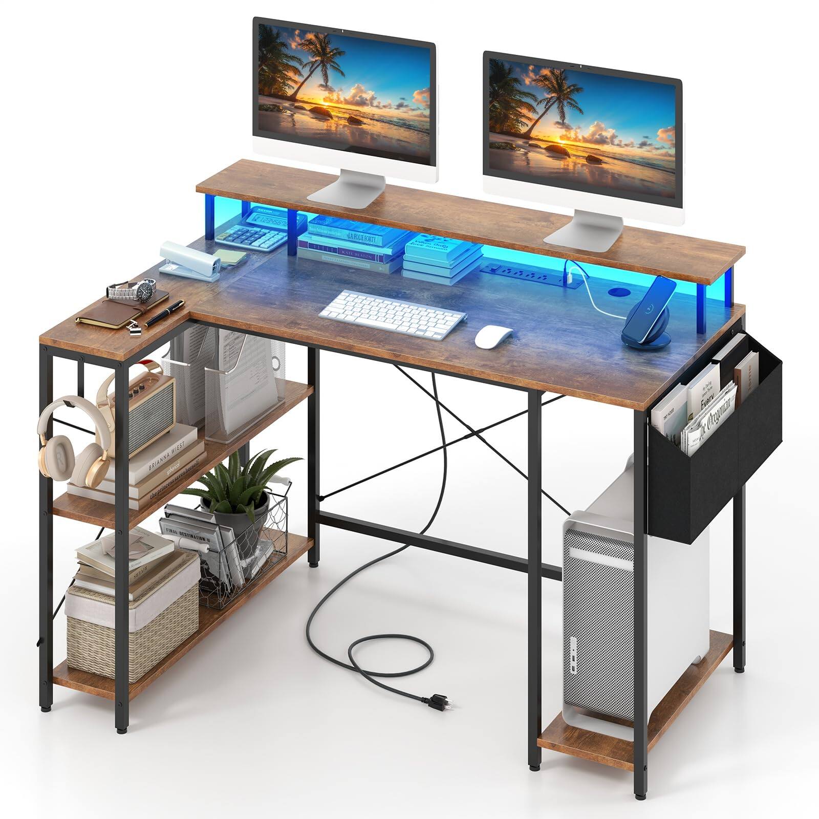 Ecooso L Shaped Gaming Desk with LED Lights and Power Outlets, Corner ...