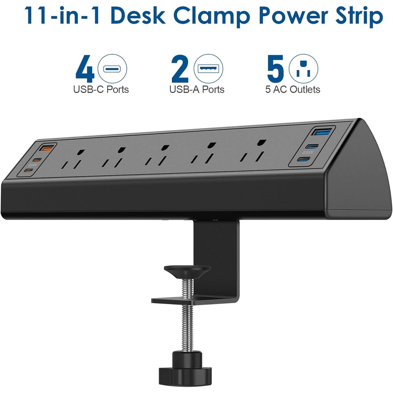 PARKER SLATER Desk Clamp Power Strip with 5 Outlets, 6 USB Ports (45W ...