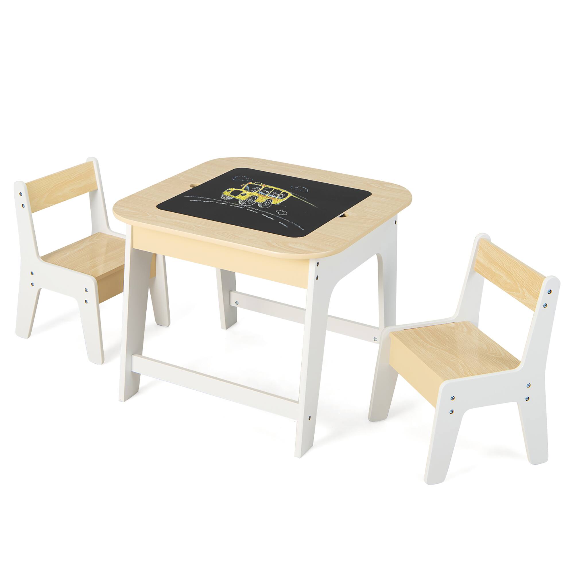 Gymax 3 in 1 Kids Wooden Table & 2 Chairs Set w/ Storage Detachable ...