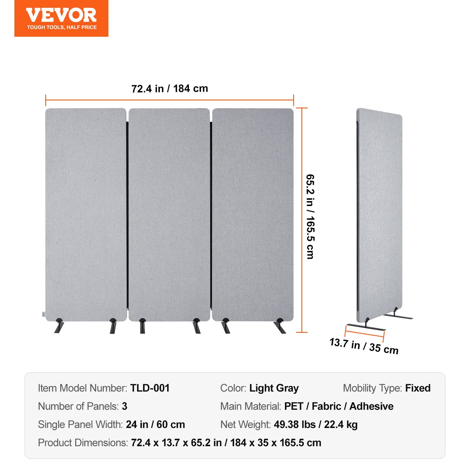 VEVOR 2FT Room Divider, 3 Panel PET Polyester Soundproof Room Screen ...