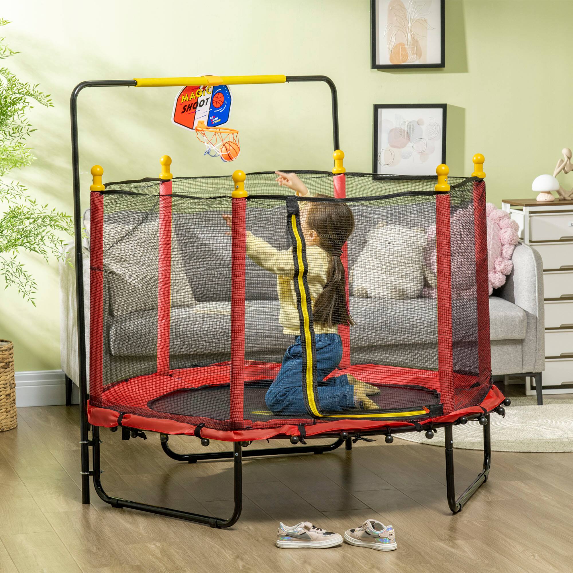 Qaba 4.6' Trampoline, Basketball Hoop, Horizontal Bar, 55" Indoor ...