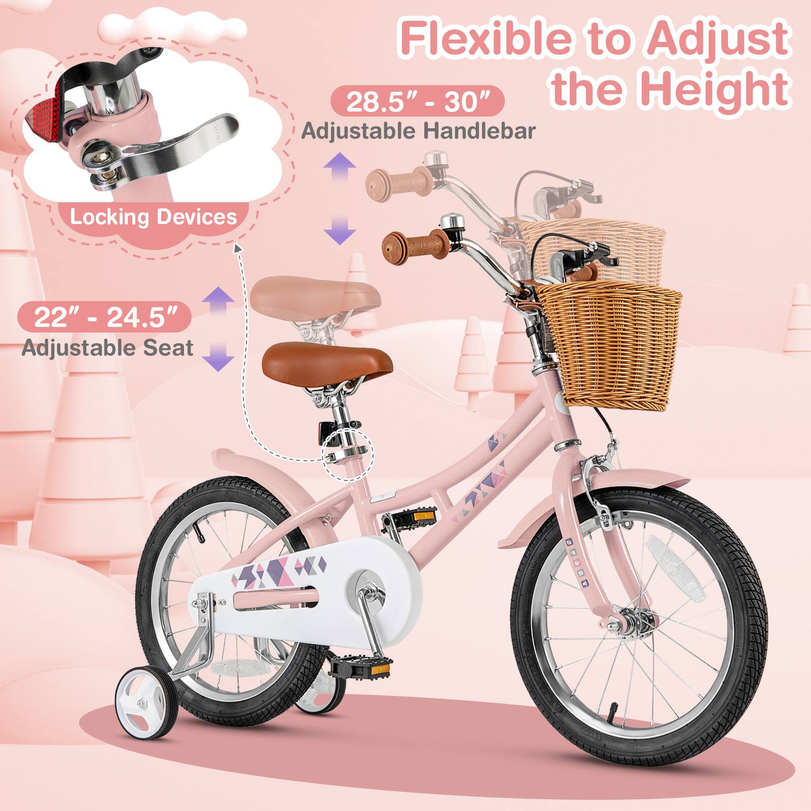 Gymax 16'' Kids Bike w/ Height Adjustable Handlebar Seat Basket Bell Training Wheels Pink ...