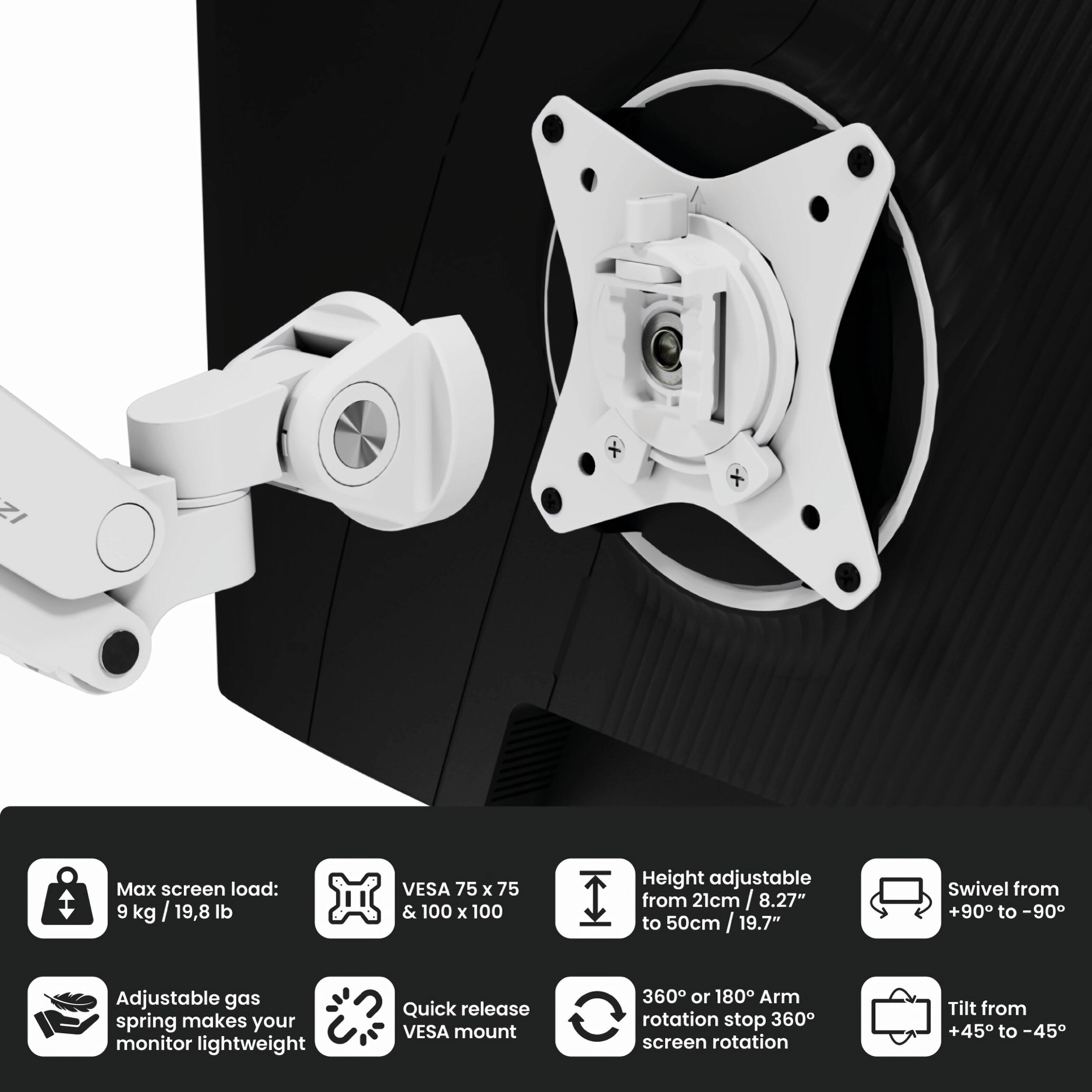 Arozzi Alzare Neo Gas Spring Single Monitor Arm – Ergonomic Desk Mount ...