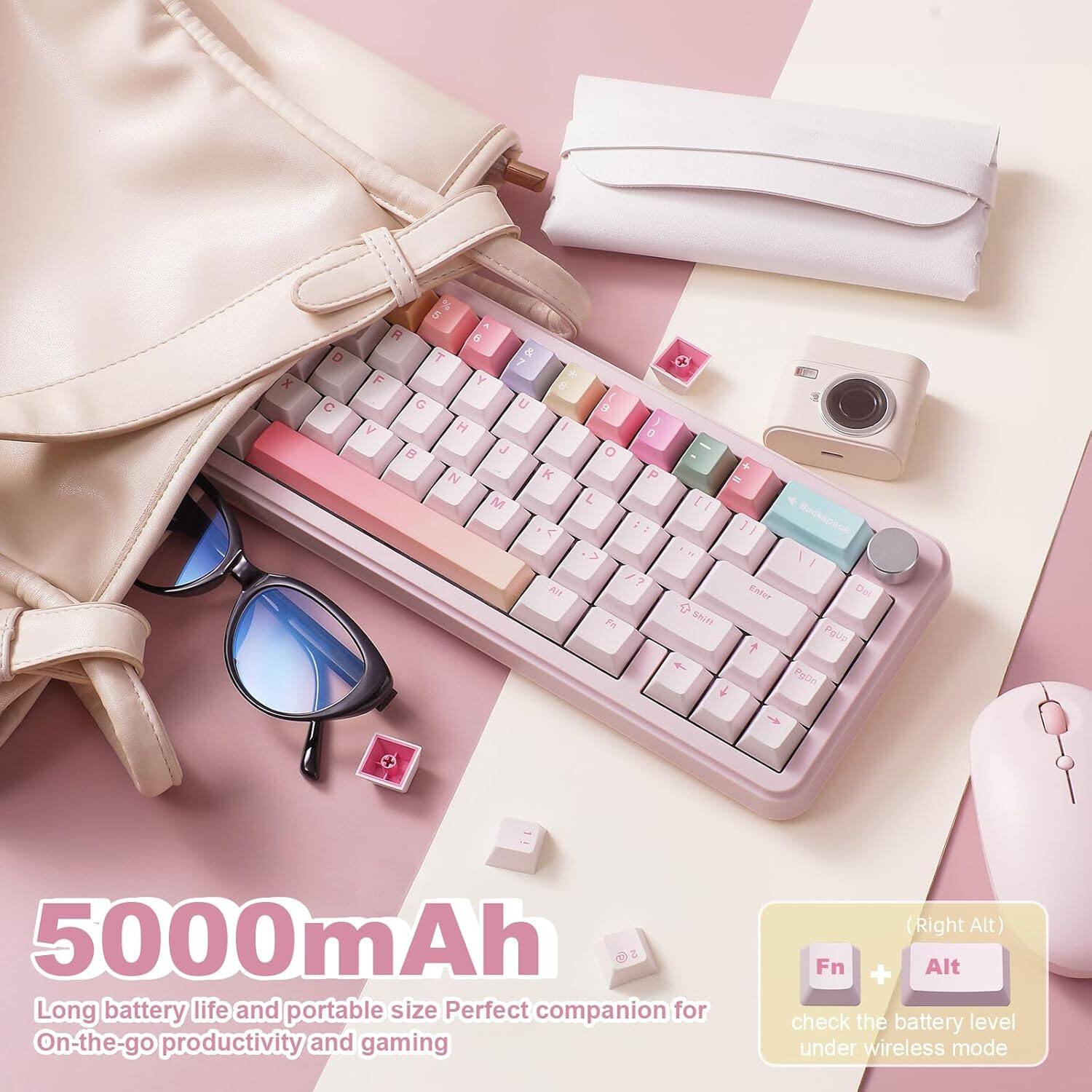Wikistore B68 Wireless Mechanical Keyboard,Tri Mode,Cute PBT Keycaps ...
