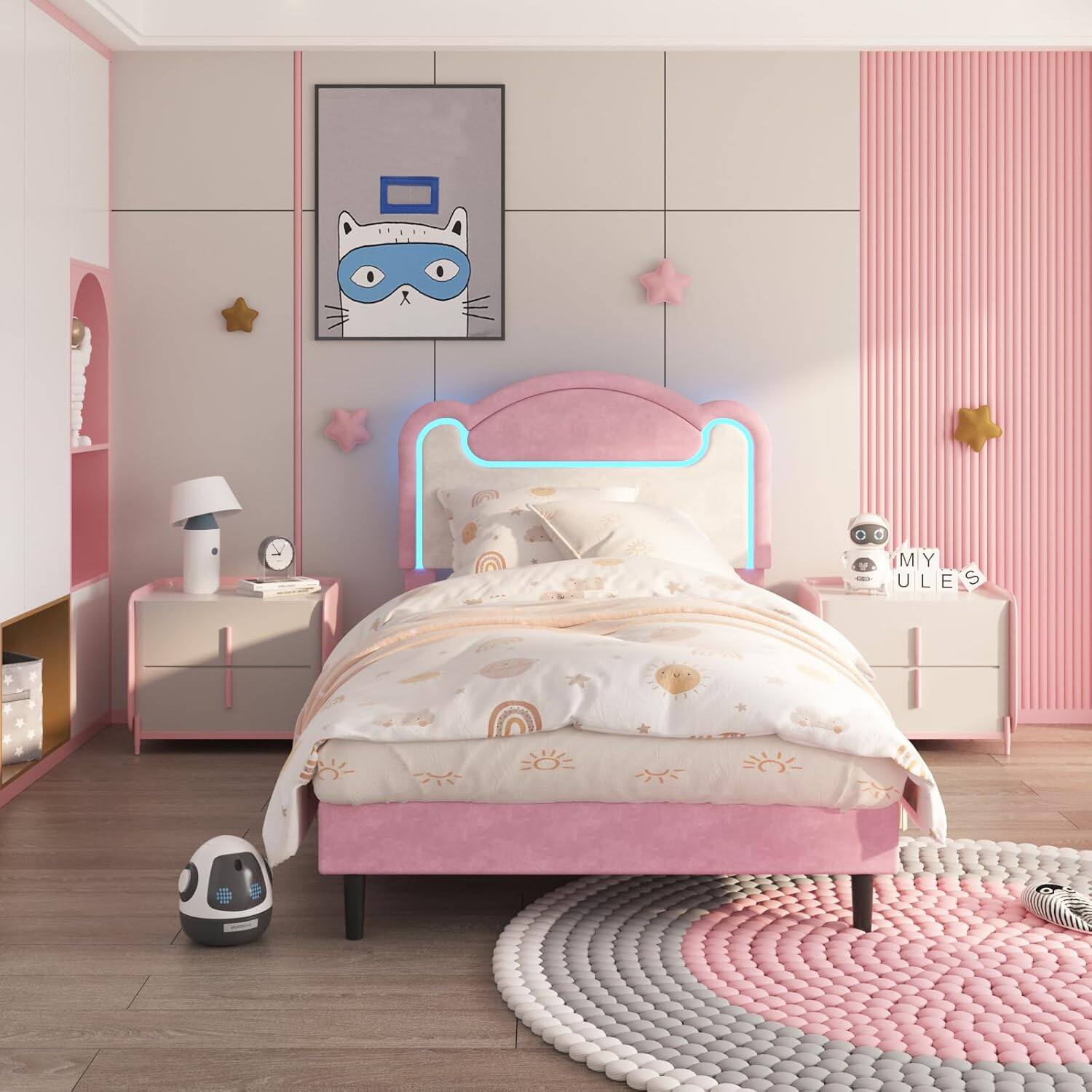 Homhougo Twin Princess LED Platform Bed, Upholstered Fabric Headboard ...