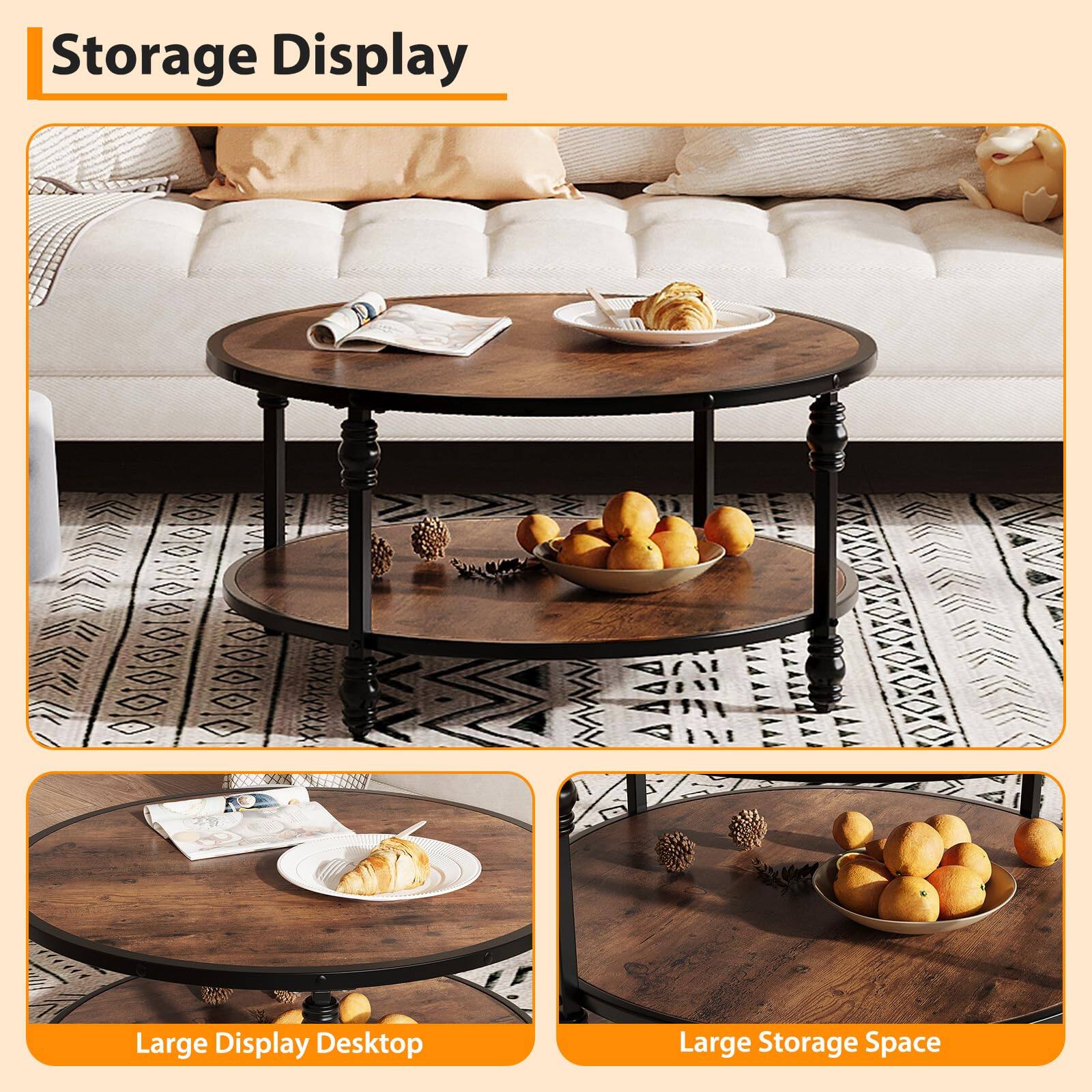 Acekool Round Coffee Tables with Storage, 2 Tier Round Coffee Table ...