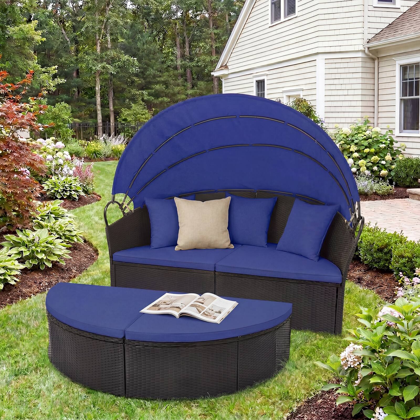 Costway Outdoor Patio Round Daybed with Retractable Canopy Cushions ...