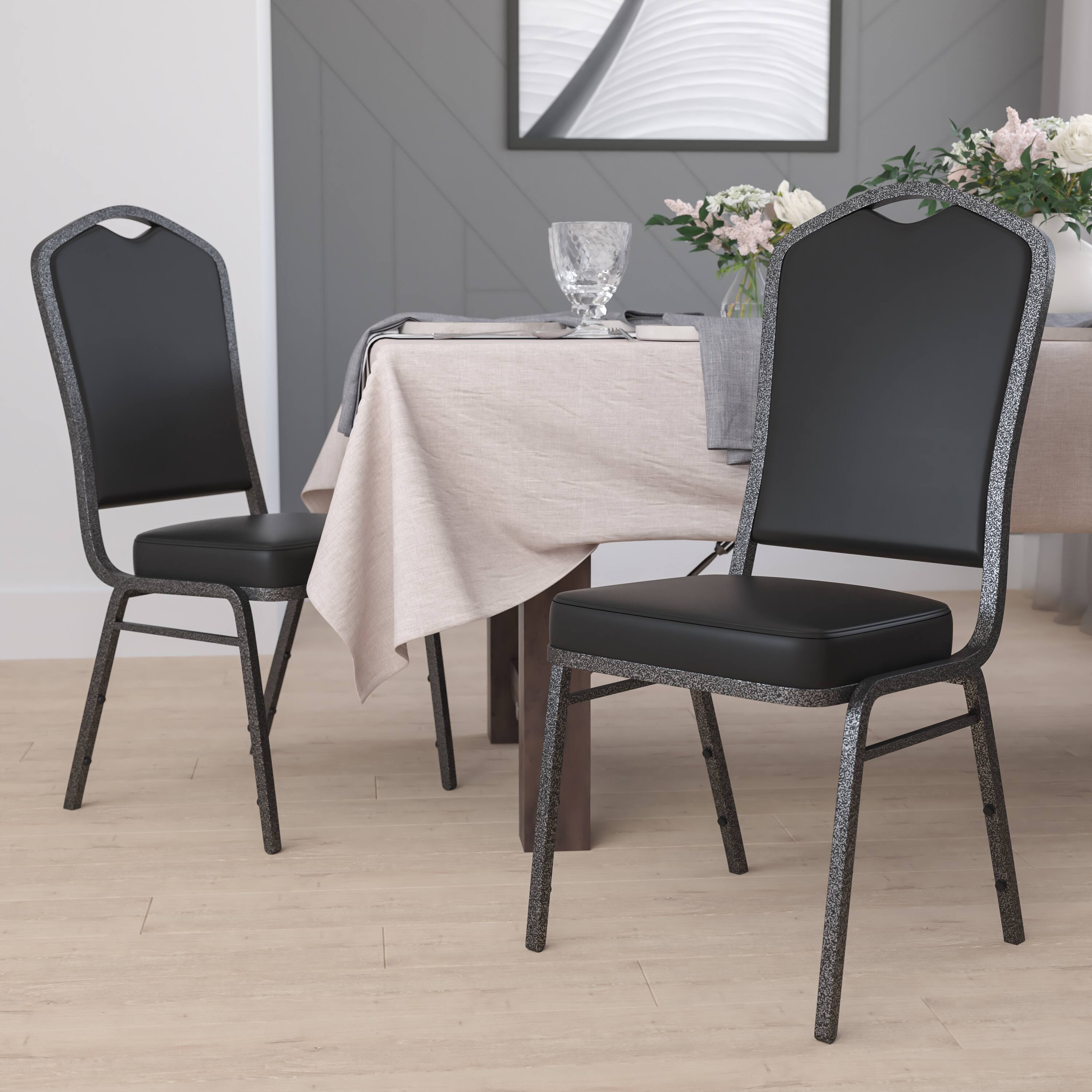 Emma + Oliver 4 Pack Crown Back Stacking Banquet Chair Black Vinyl ...