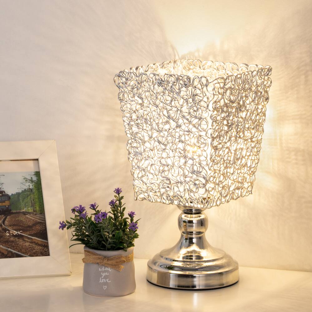 Oumilen Silver Table Lamp with Inverted Trapezoidal Metal Wire Shade ...