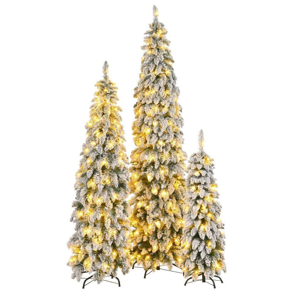 Resenkos 3 Piece Slim Flocked Christmas Tree Set with 520 LED Lights ...