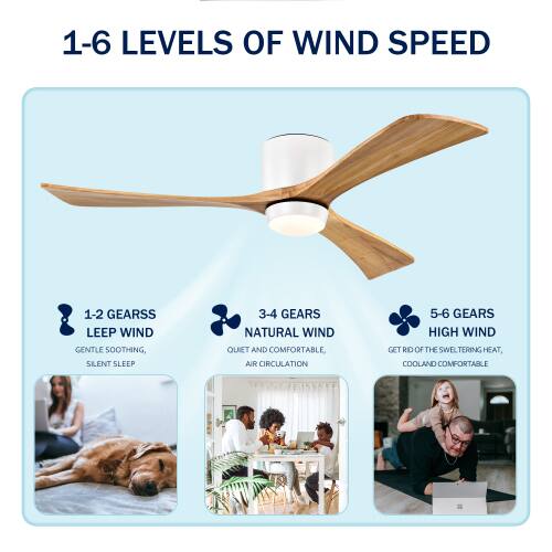LUCKY ONE 52" Flush Mount Ceiling Fan with Light Remote 6 Speed Wood ...