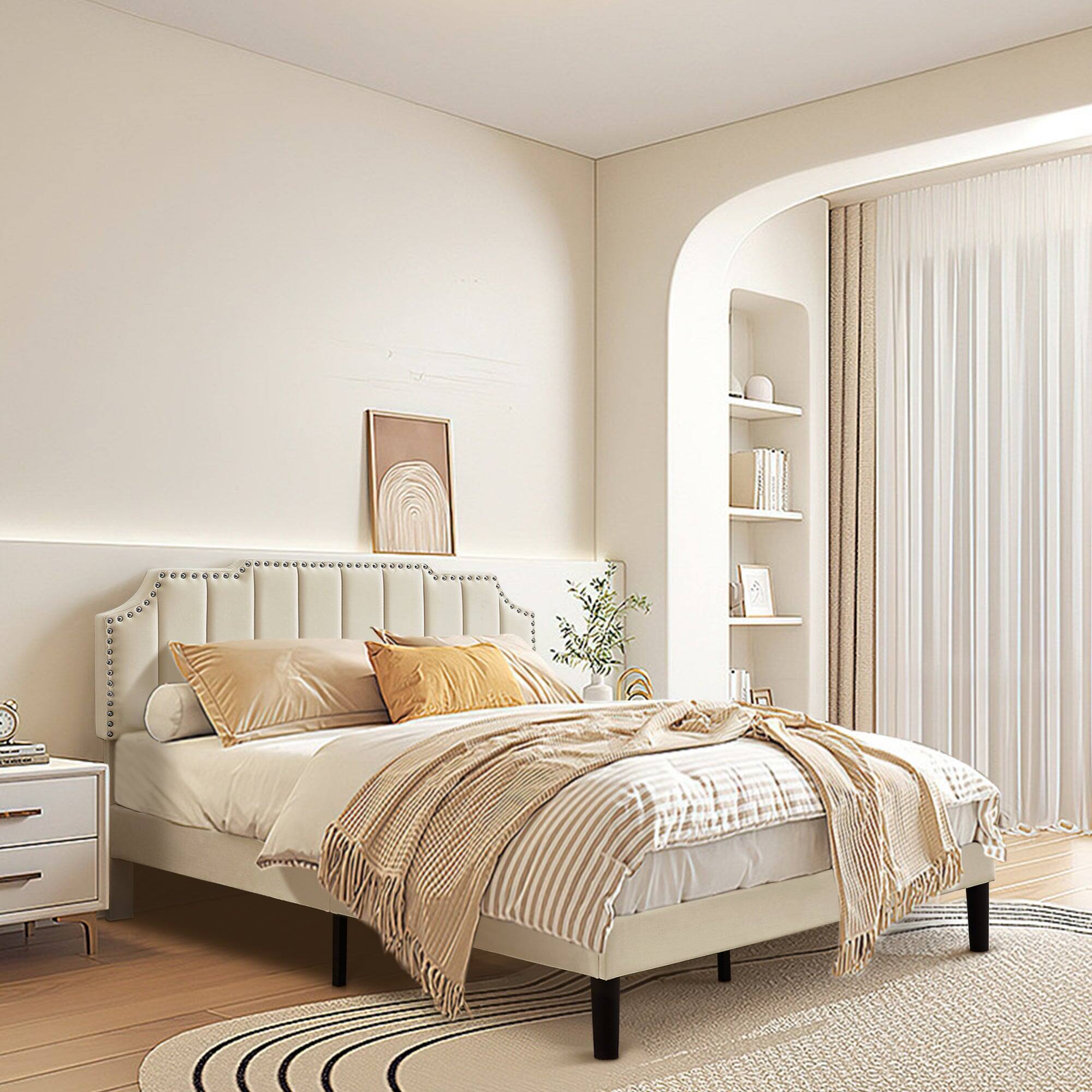 Vecelo Queen Upholstered Platform Bed Frame with Tufted Adjustable Headboard/Mattress Foundation ...