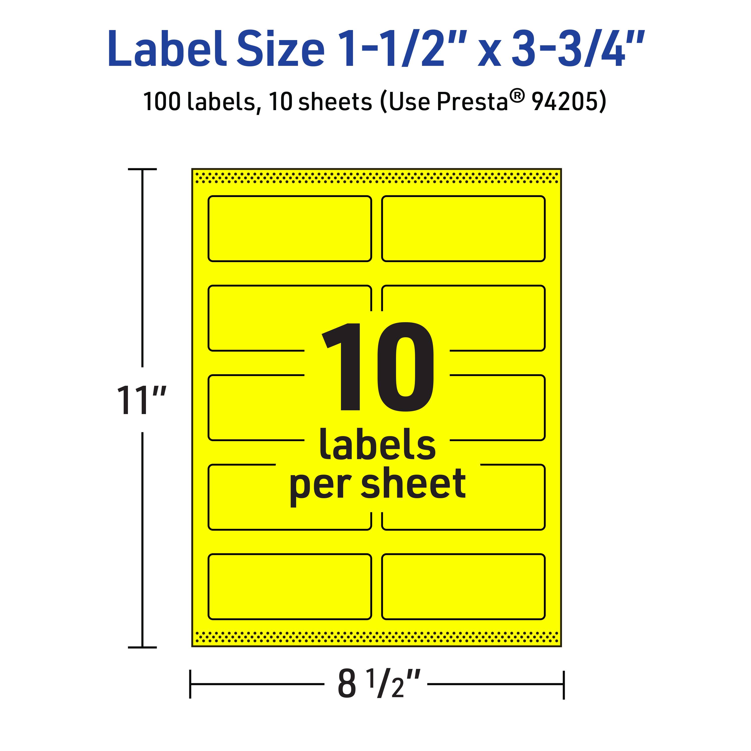 Avery Printable Rectangle Labels, Neon 1.5" x 3.75", 100ct Yellow 94205 ...