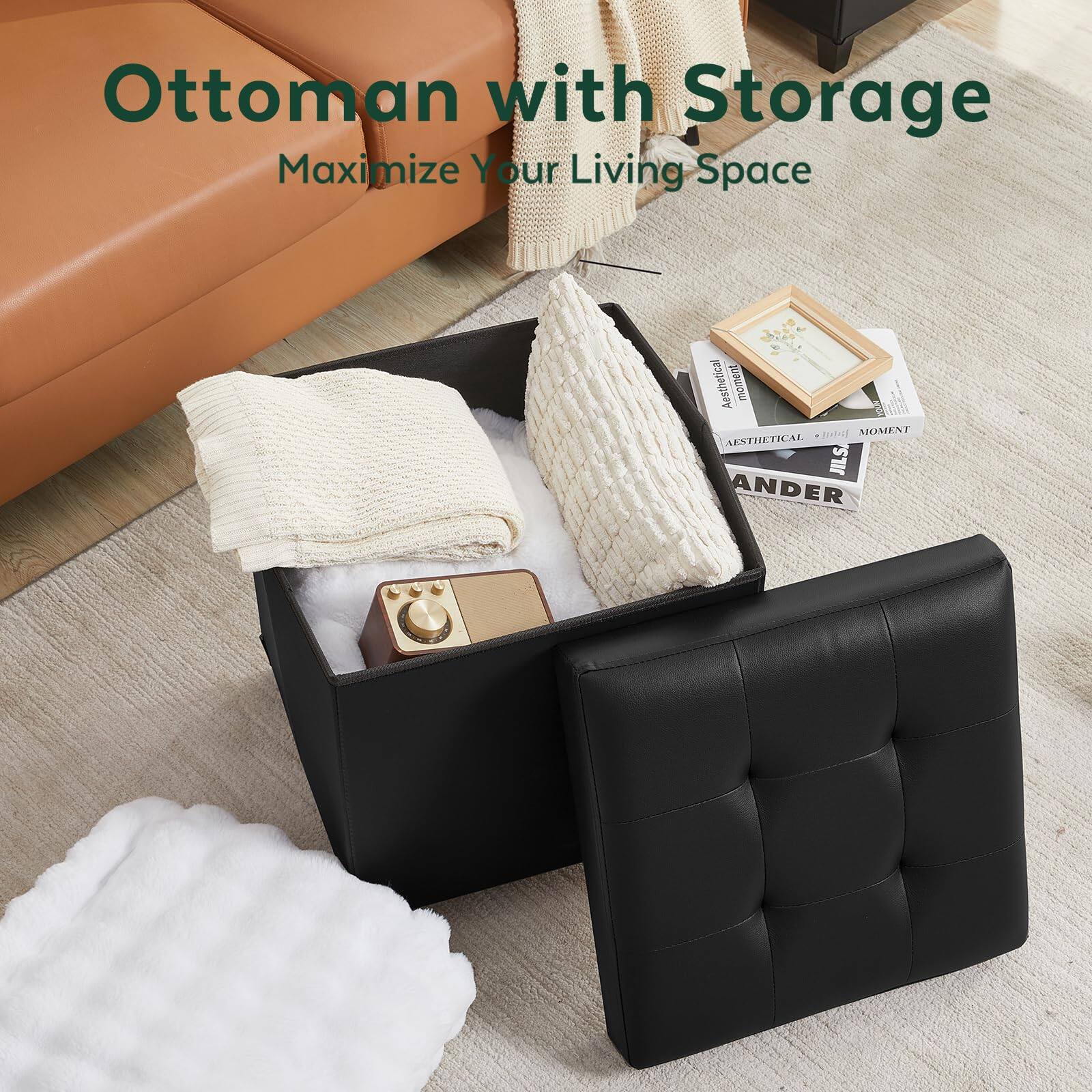 JETRANSPORT 17.7" Ottoman Storage Square Dorm Faux Leather Ottomans ...