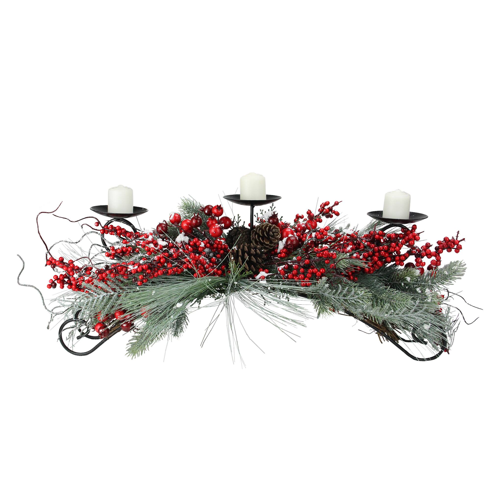 Melrose 30" Frosted Berry and Pine Needle Christmas Candle Holder Red ...