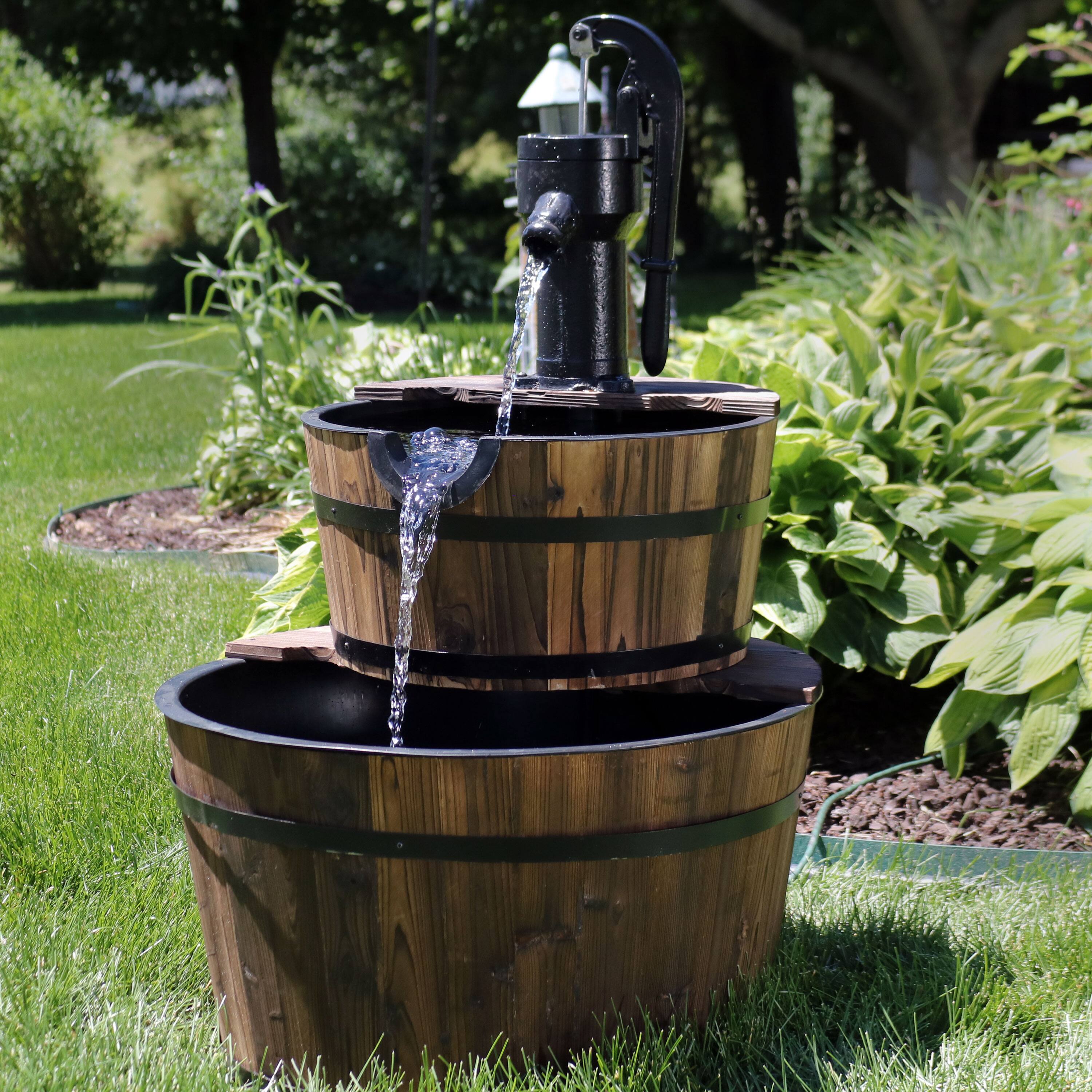 Sunnydaze Rustic 2 Tier Wood Barrel Water Fountain with Hand Pump 34 in ...