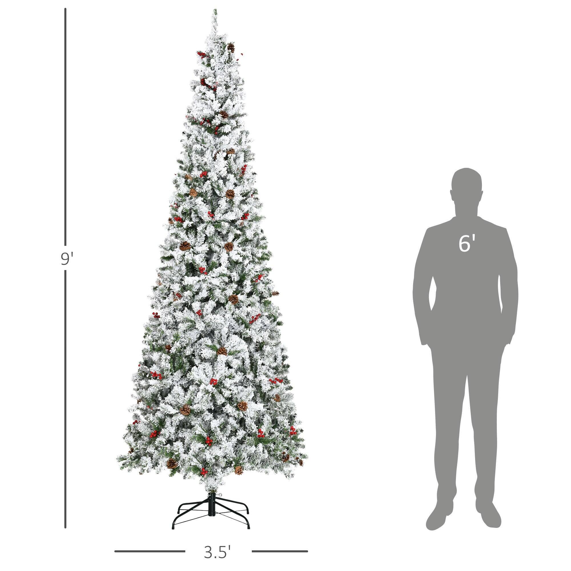 BreeBe 9 Foot Pencil Snow Flocked Artificial Christmas Tree with Pine ...