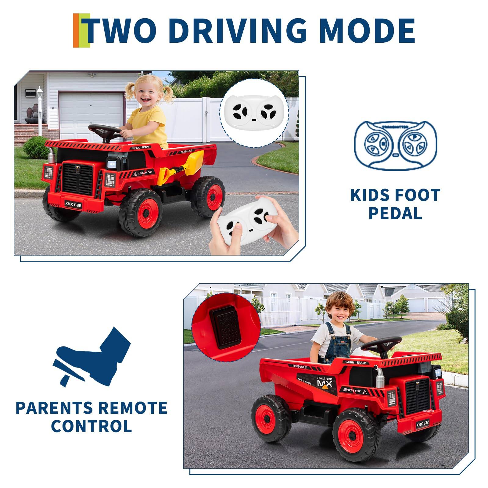 Acekool 12V Ride On Dump Truck w/Remote Auto Lift Bed, Shovel, LED ...