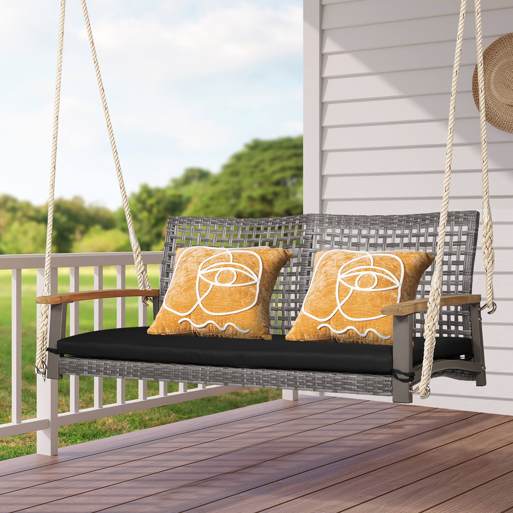 Costway 2 Person Patio Wicker Hanging Swing Chair Loveseat Cushion ...