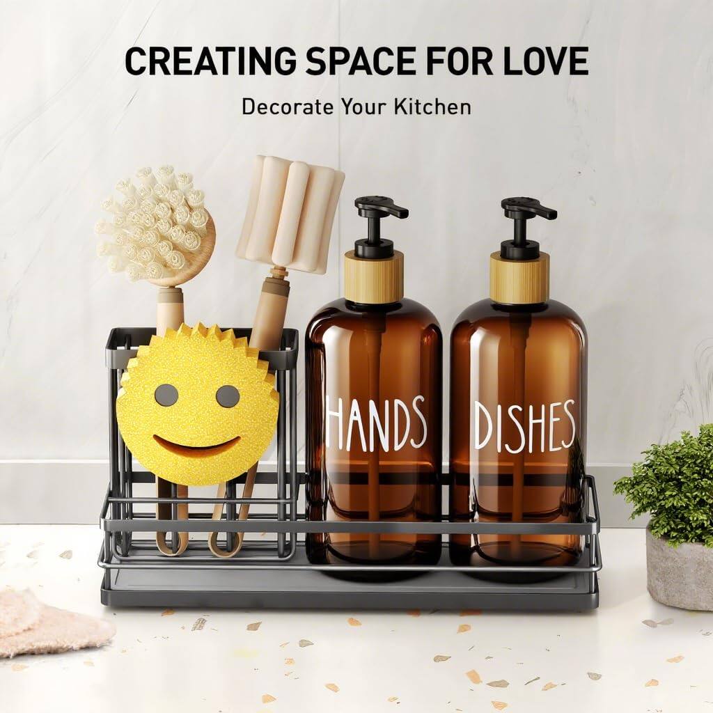 Dapper Styles Kitchen Dish Soap Dispenser Set Glass Bottle Hand And ...
