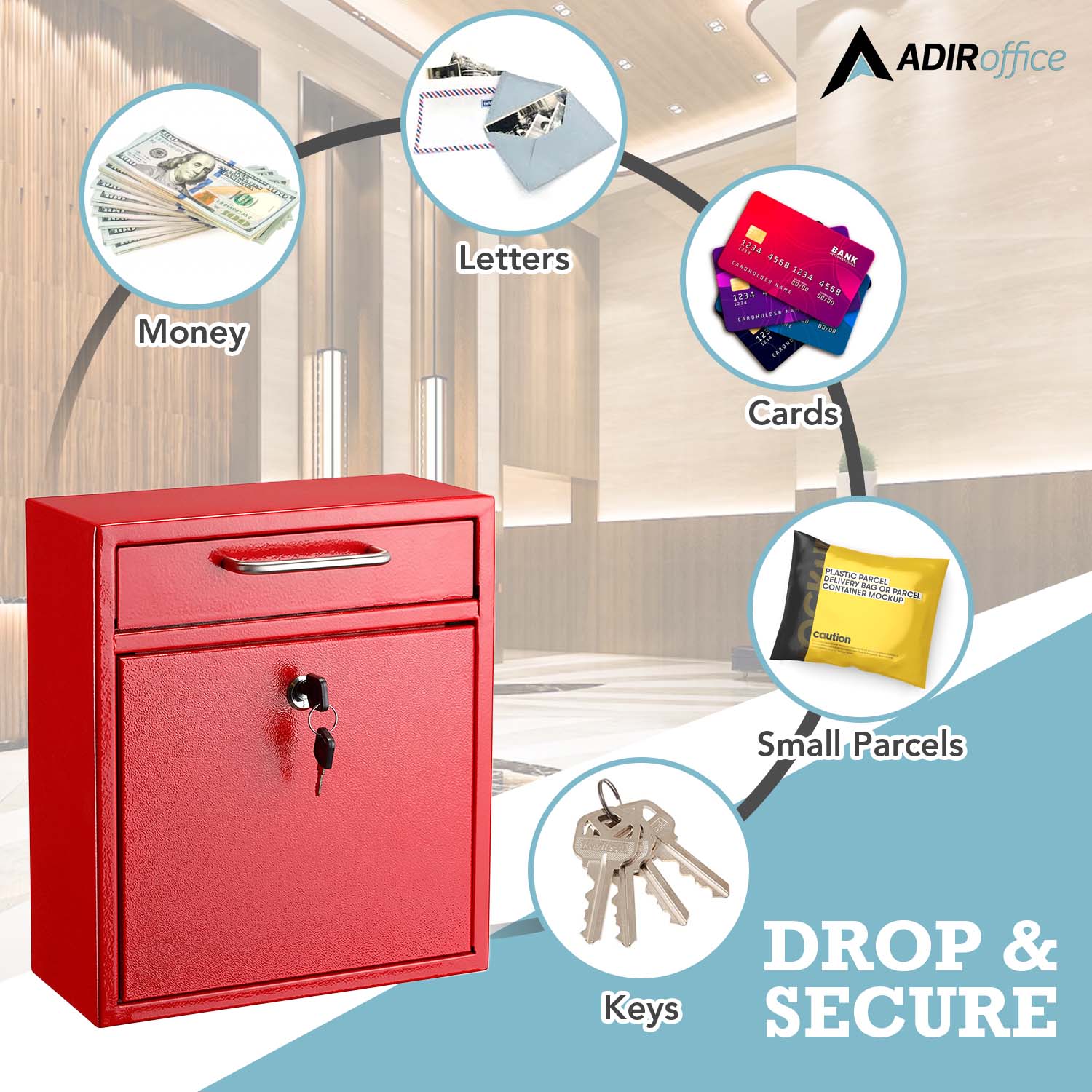 AdirOffice Medium Steel Wall Mounted Drop Box Safe with Key Lock Red ...