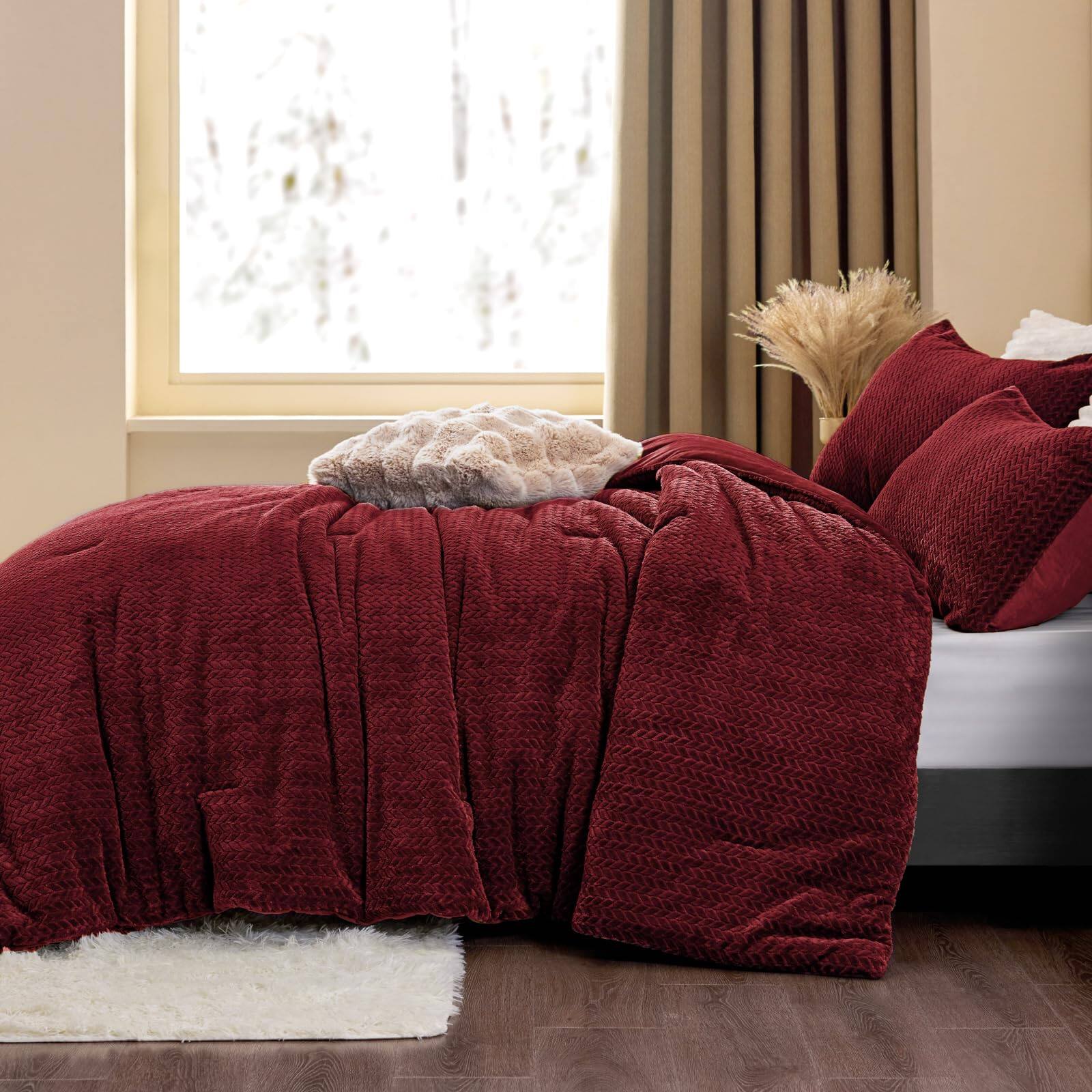 PO3TICJUNKI3 Fluffy Queen Comforter Set Furry Leaves Pattern Faux Bed ...