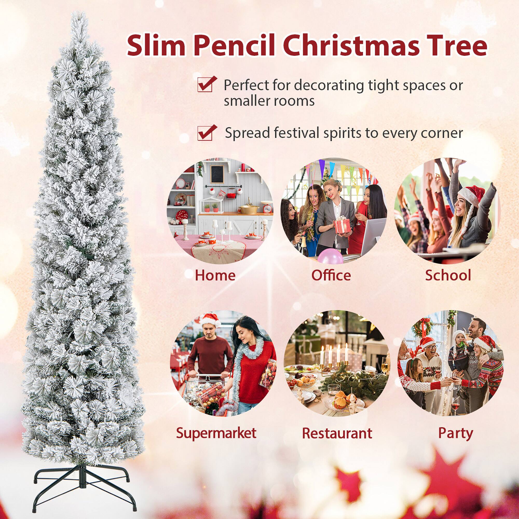 Gymax 6 FT Pre Lit Artificial Christmas Tree Slim Pencil Xmas Tree w ...