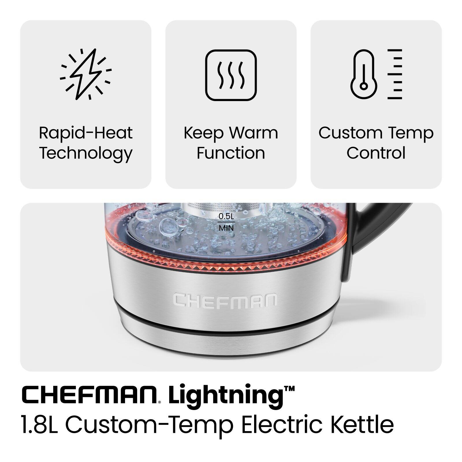 Chefman Lightning 1.8L Custom Temp Electric Kettle with Tea Infuser Stainless Steel RJ11-18-CTI ...