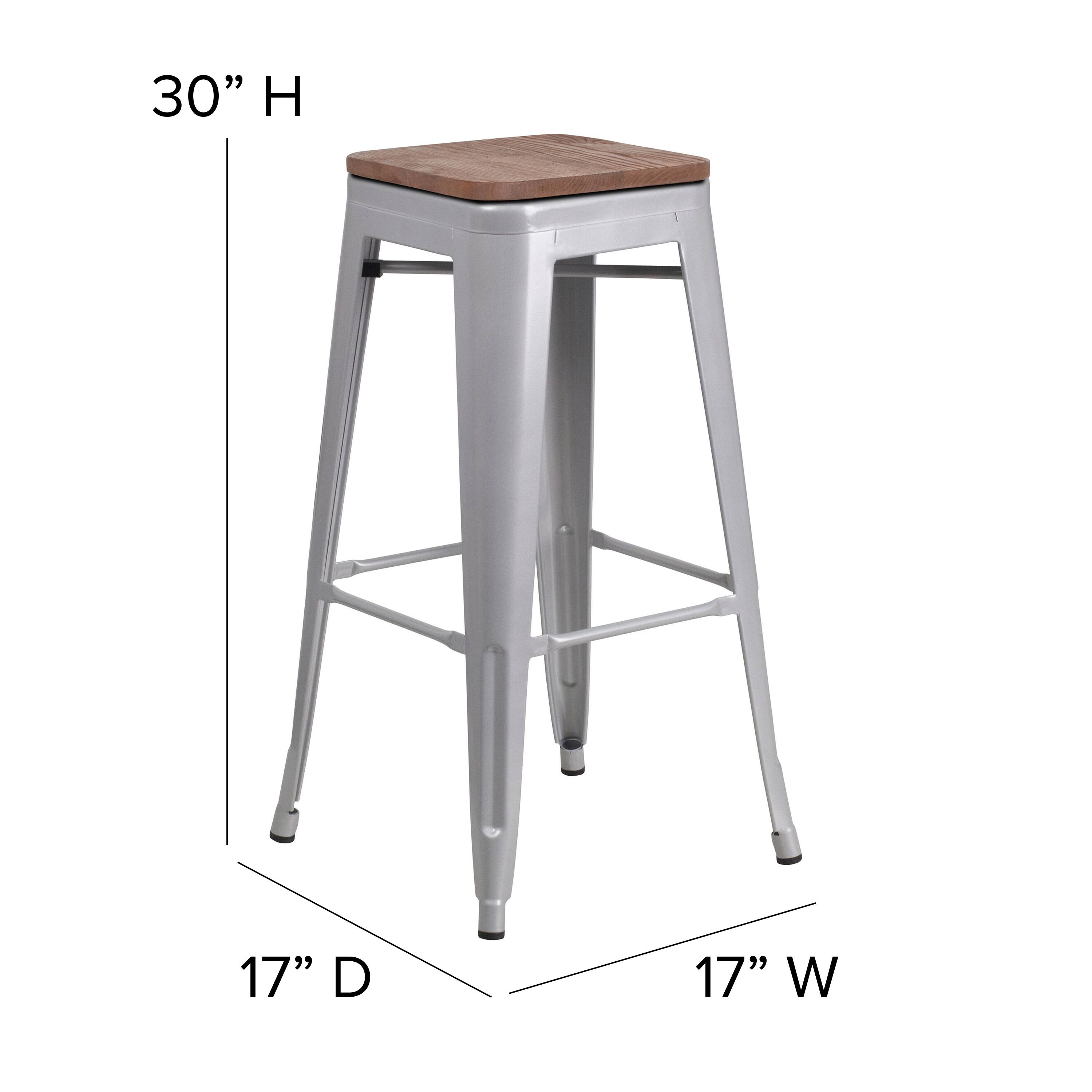 Emma + Oliver 30"H Backless Metal Barstool with Wood Seat Silver ...