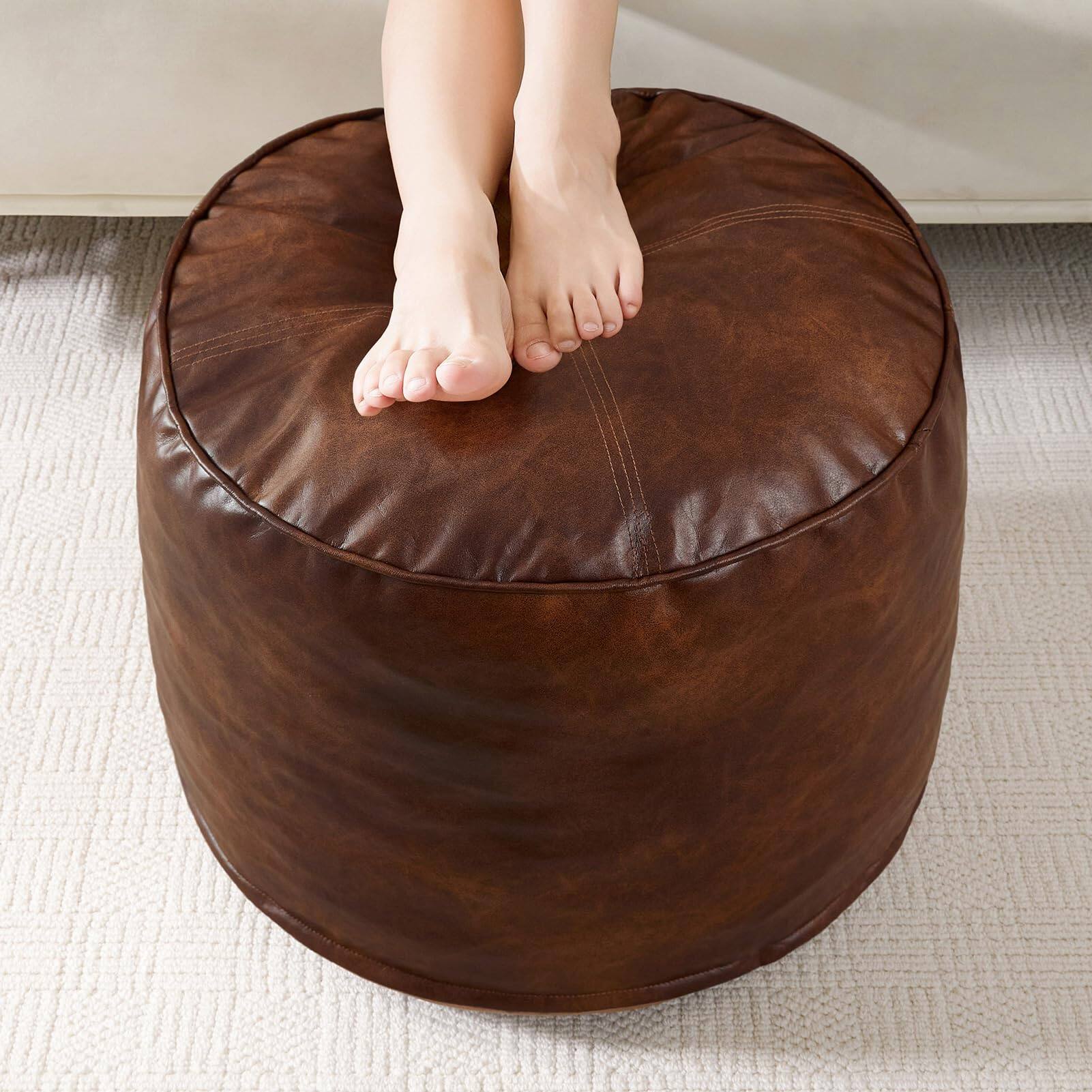 Fabibe Round Stuffed Pouf Ottoman, Pu Leather Poufs with Foam Chunk ...